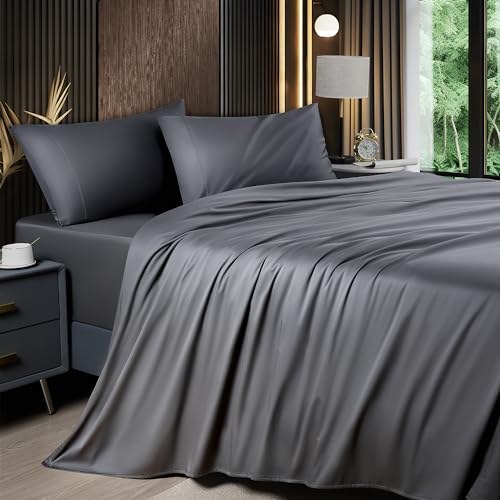 Shilucheng 4-Piece Queen Size Sheets Set,Rayon Derived from Bamboo_,Cooling & Breathable Bed Sheets, Silky Bedding Sheets & Pillowcases, 16 Inch Deep Pockets (Queen,Dark Grey)