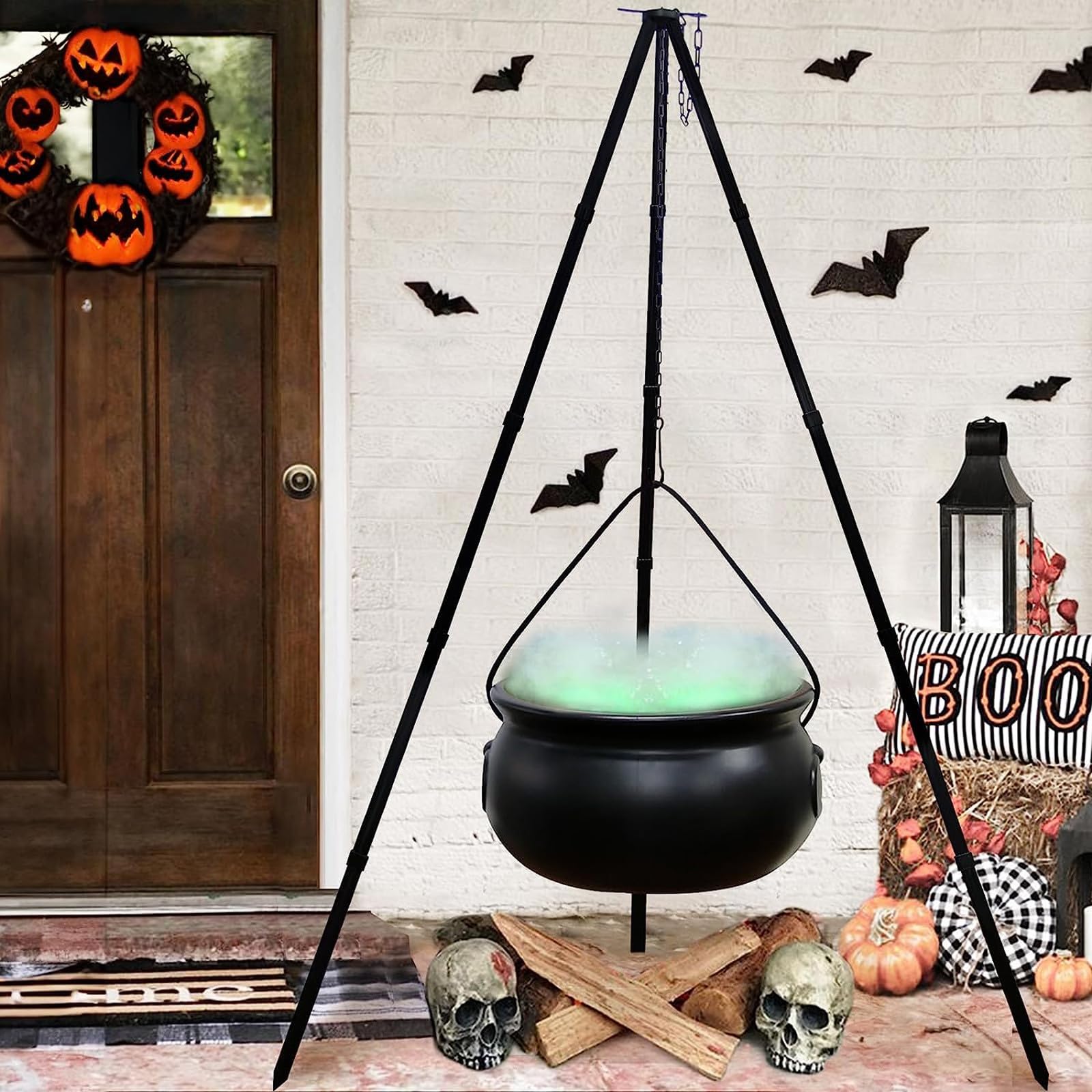 Witches Cauldron, Large Halloween Cauldron Decor On Tripod with Timer Green Lights, Plastic Giant Witch Cauldron Halloween Decorations for Outdoor Porch Yard Lawn Outside (L, Black)