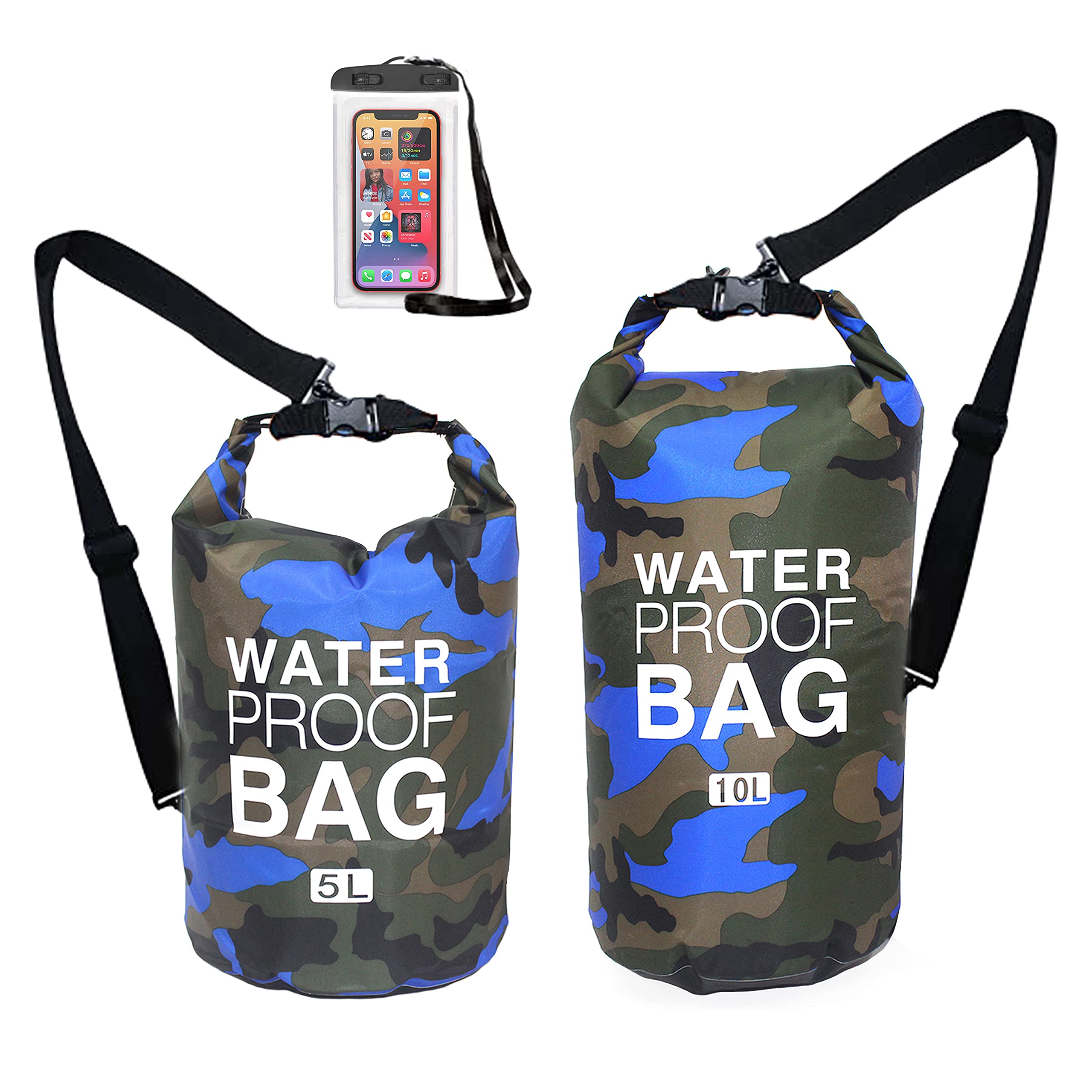 Waterproof Dry Bag with Waterproof Phone Case, 10L/ 20L/ 5L&10L, Roll Top Dry Compression Sack Keeps Gear Dry for Beach, Kayaking, Fishing, Hiking, Rafting,Camping and Boating (Blue, 5L&10L)