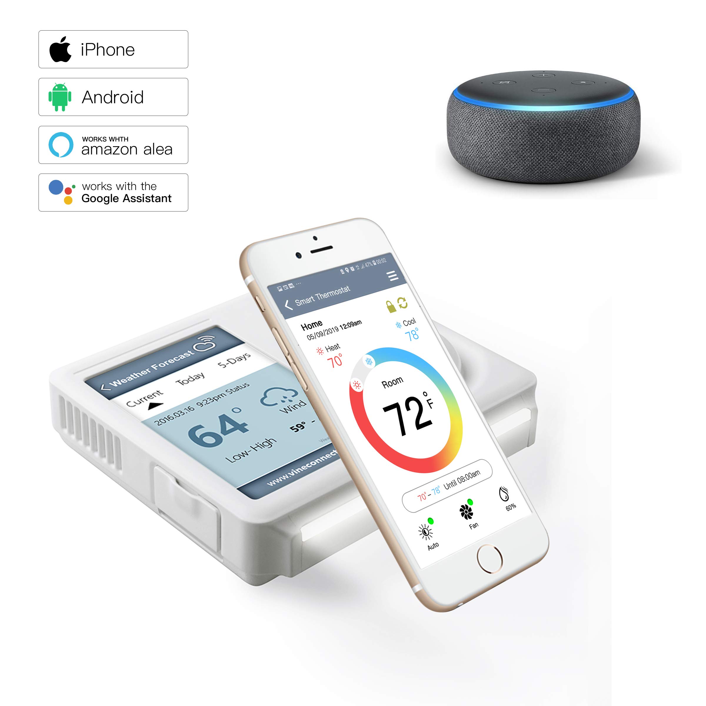 Vine Smart Wi-Fi Programmable Home Thermostat, 4th Gen, Compatible with Alexa