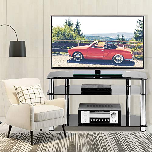TAVR Black Tempered Glass Corner TV Stand Cable Management Suit for up to 46 inch Plasma LCD LED OLED Flat or Curved Screen TVs,3-Tier Gaming Consoles Media Component,Chrome Legs
