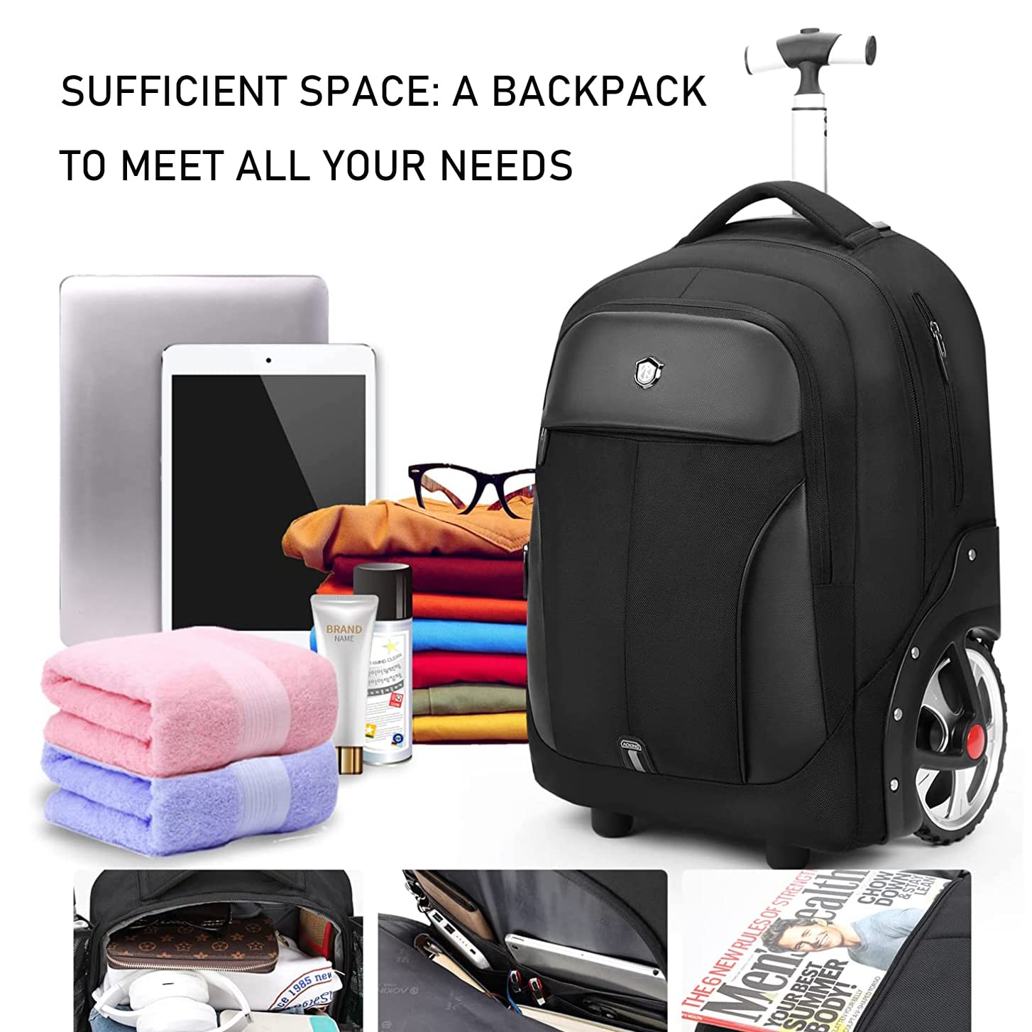WMHYLYH 22 Inch Rolling Backpack, Waterproof Backpack with Wheels for Business and Travel Commuter, Carry on Laptop Backpack for Women and Men Adult (black)