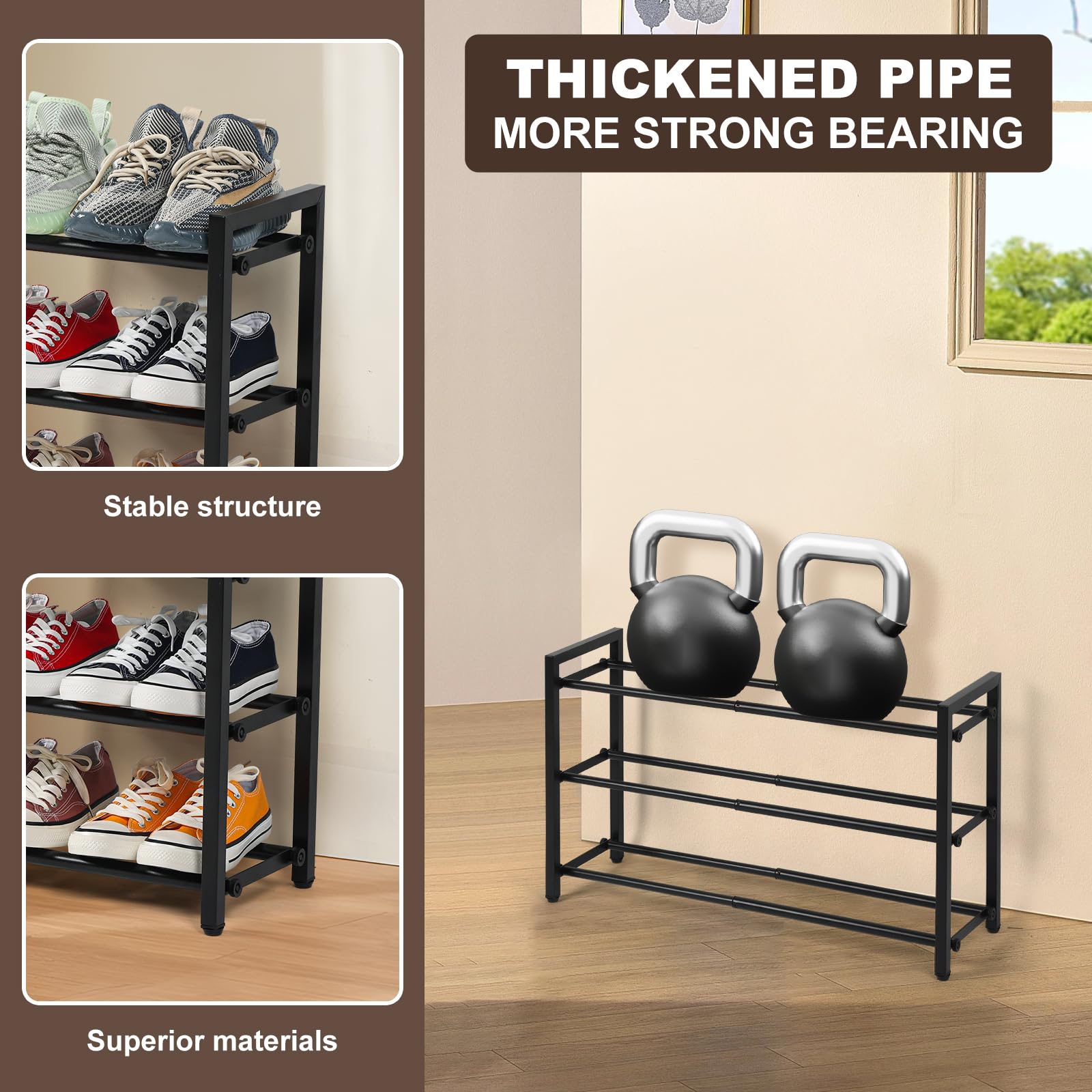 SALADAYS 3-Tier Expandable Shoe Rack, Adjustable Shoe Storage Shelf Organizer, Sturdy and Durable Metal Structure Free Standing Shoe Rack for Closet Entryway Doorway(Black)