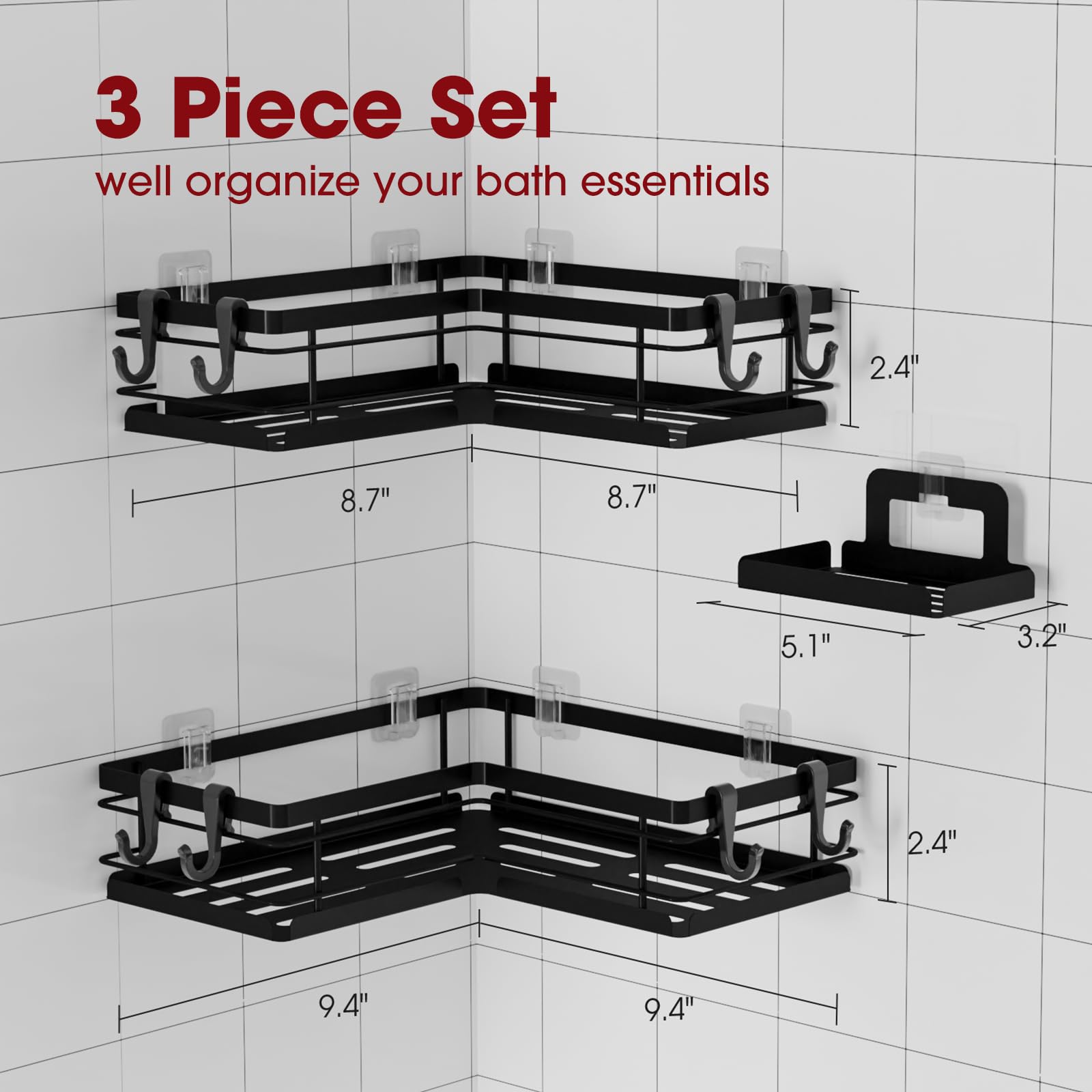 Sakugi Shower Caddy - 3 Piece Set, Corner Shower Shelves with Hooks & Soap Holder, Stainless Steel Shower Caddy for Corner, No Drilling Shower Shelf for Inside Shower, Shower Organizer, Black D