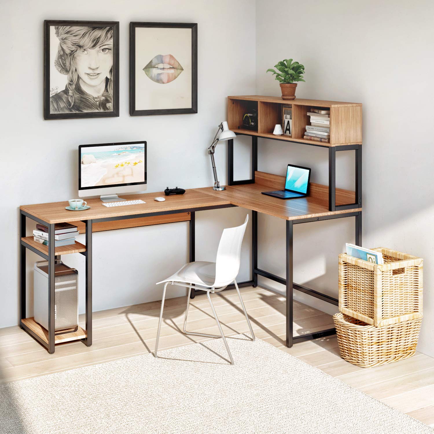 VIPEK L-Shaped Desk with Hutch, 69" Large Computer Desk Gaming Table PC Table Workstation Study Writing Table with Storage Bookshelf, Space Saving Corner Desk for Home Office, Suntalam Walnut