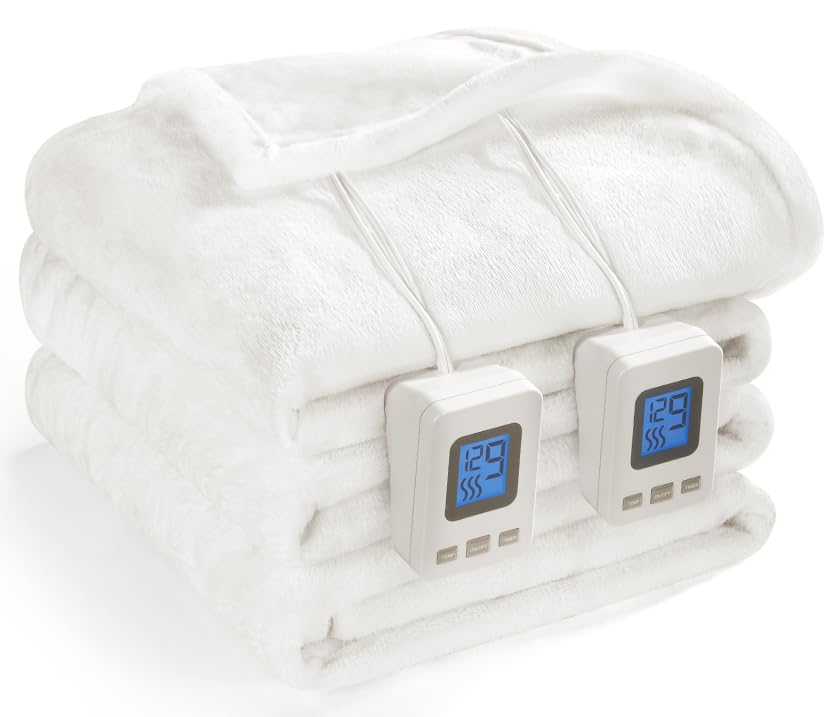 Shodu Heated Blanket,Fast Heating&Over-Heat Protect Electric Blanket,Dual Controller,ETL Certification,9 Heat Settings 1-12 Hours Auto Off (White, Queen 90''×84'')