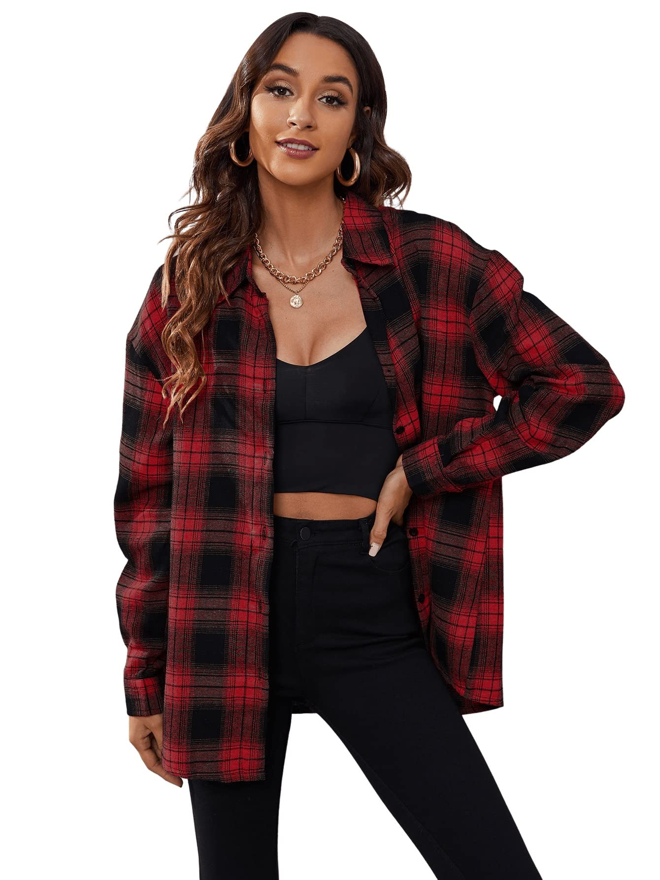 SweatyRocks Women's Plaid Button Front Long Sleeve High Low Shirt Blouse Top Black Red Plaid S