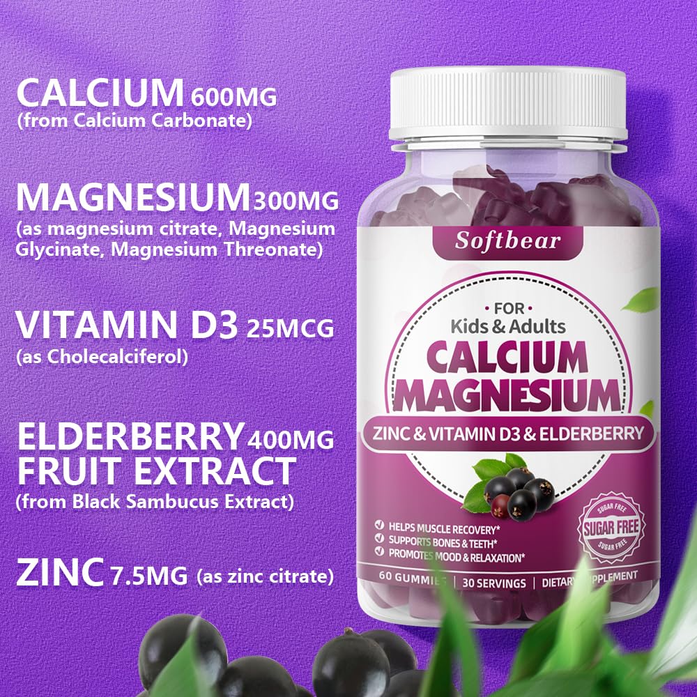 softbear Calcium Magnesium Zinc Gummies for Women, High Absorption Calcium Magnesium Supplement Chewable Calcium 600 mg for Bone Strength Vegan Elderberry Flavor 120 Gummies