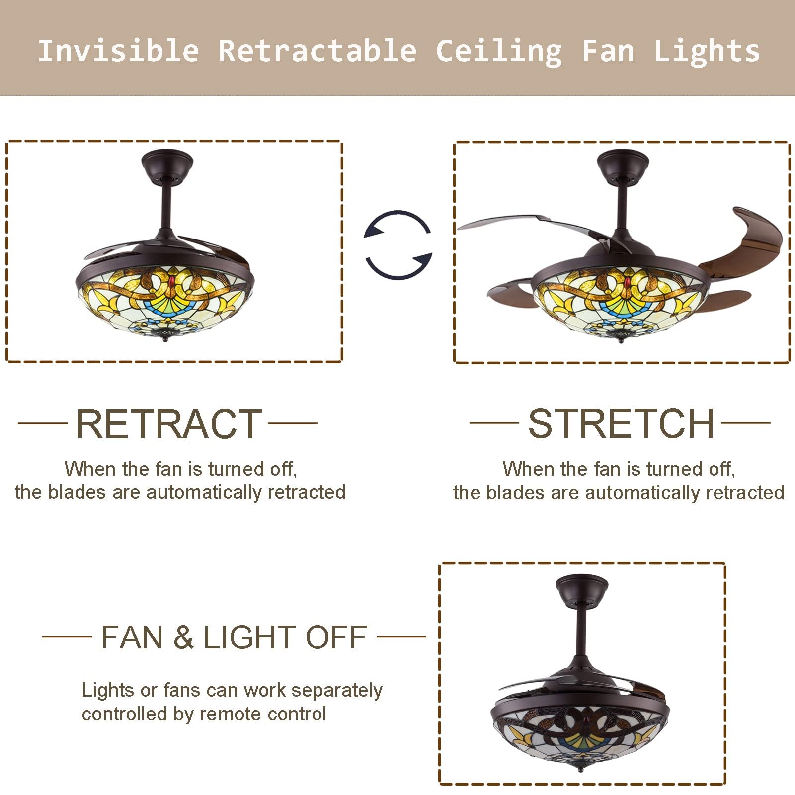 TFCFL 42 Inch Tiffany Style Invisible Ceiling Fan with Lights and Remote Control,Retractable Blades 3 Speeds 3 Light Changes Fandelier Chandelier Fan,Quiet Motor,Indoor Ceiling Lighting Fixture