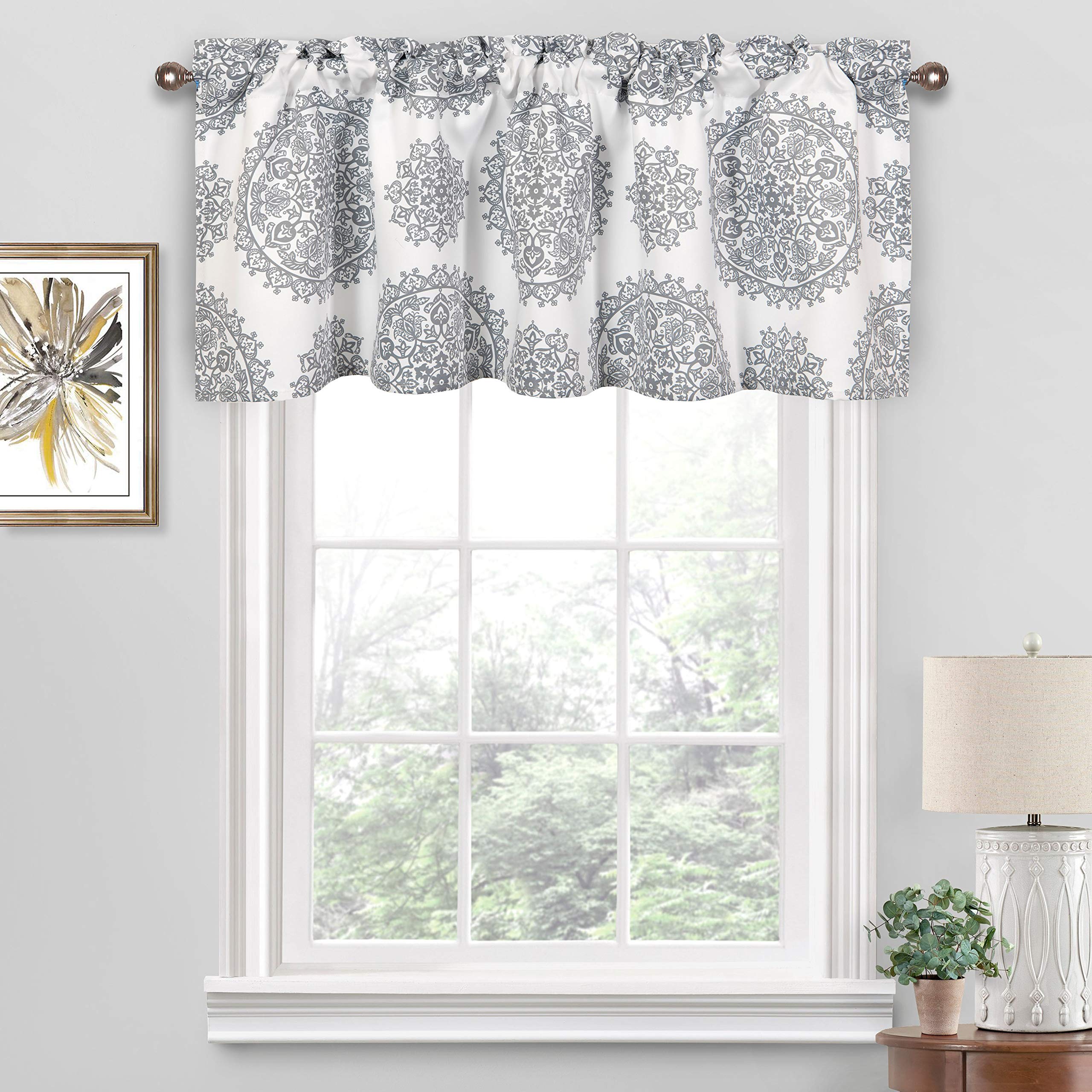 Th3mys Medallion Valance for Windows, Rod Pocket Floral Printed Gray Window Curtain Valance for Living Room Bedroom Kitchen 52 by 18 Inch Gray