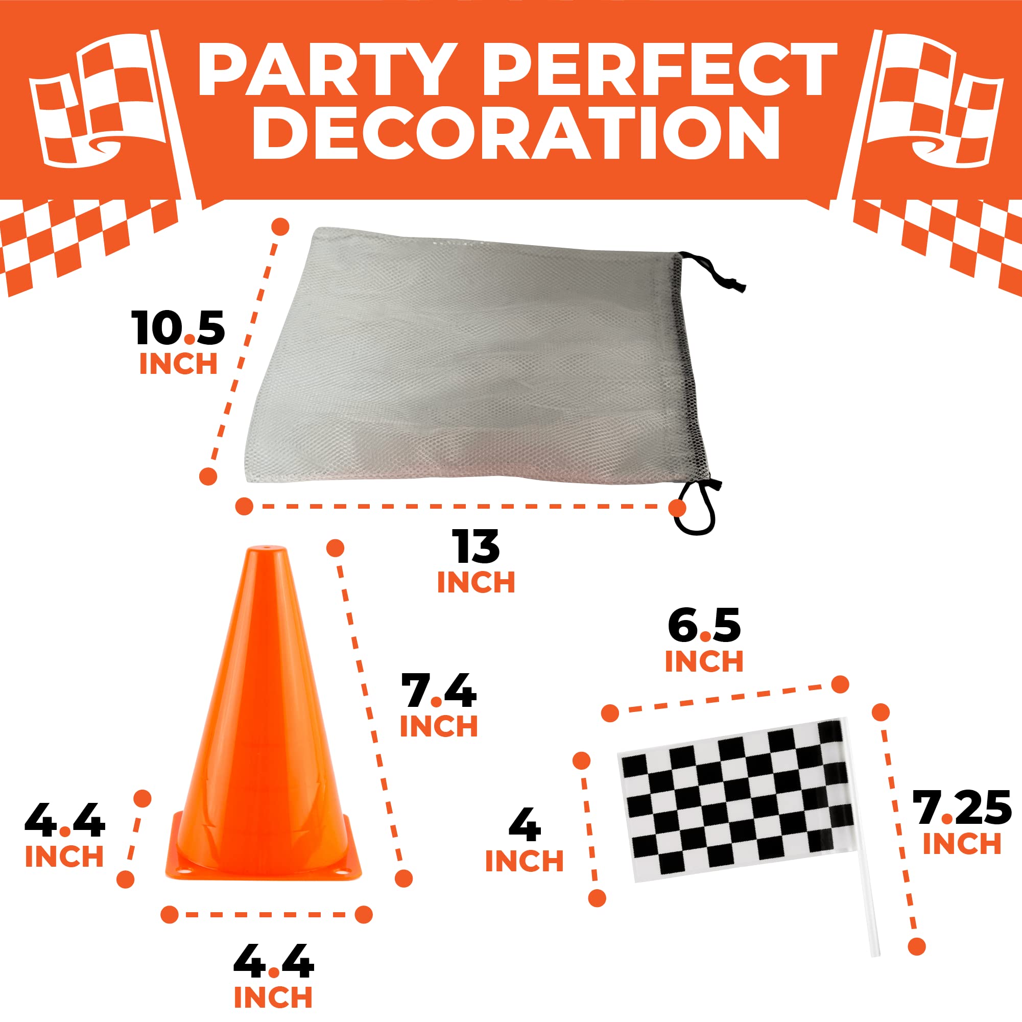 Toysery 24 Pieces Mini Traffic Cones and Checkered Racing Flags - Race Car Birthday Decorations Party Set, Ideal for Outdoor Activity and Obstacle Course Fun as Car Decorations