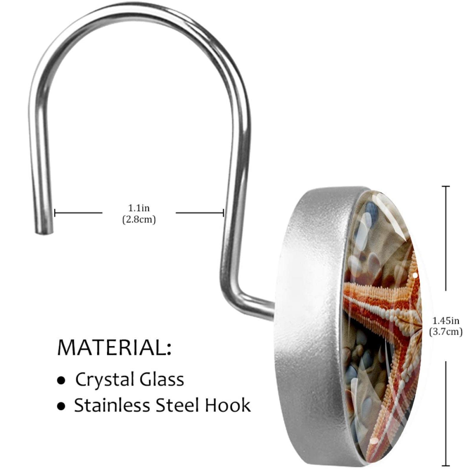 Shower Curtain Hooks Set of 12,Ocean Beach Sea Starfish,Shower Curtain Ring Crystal Glass Bathroom Hook