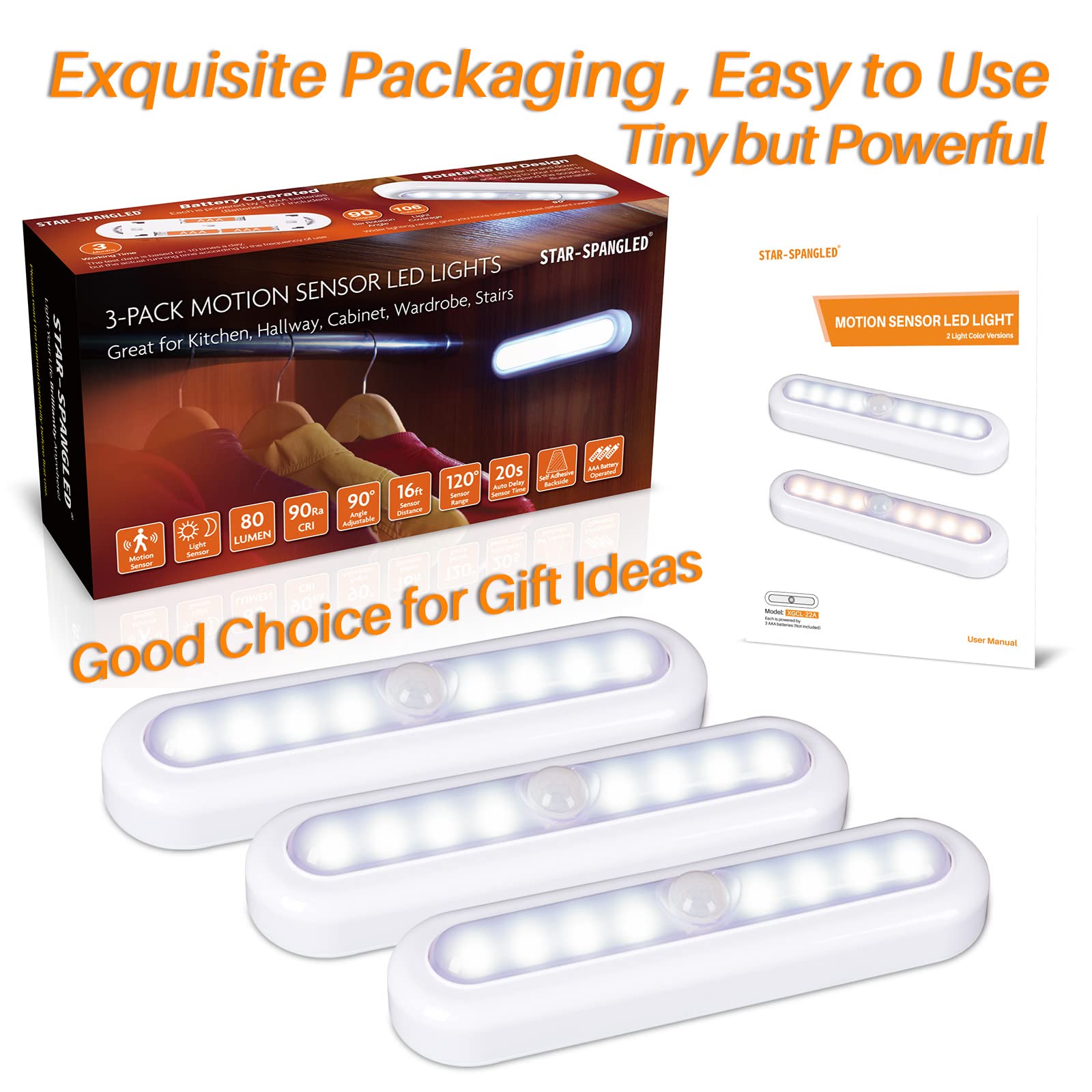 STAR-SPANGLED 12” Touch Sensor Light Indoor Battery Operated, Stick on LED Light for Closet, Stairs, Under Cabinet