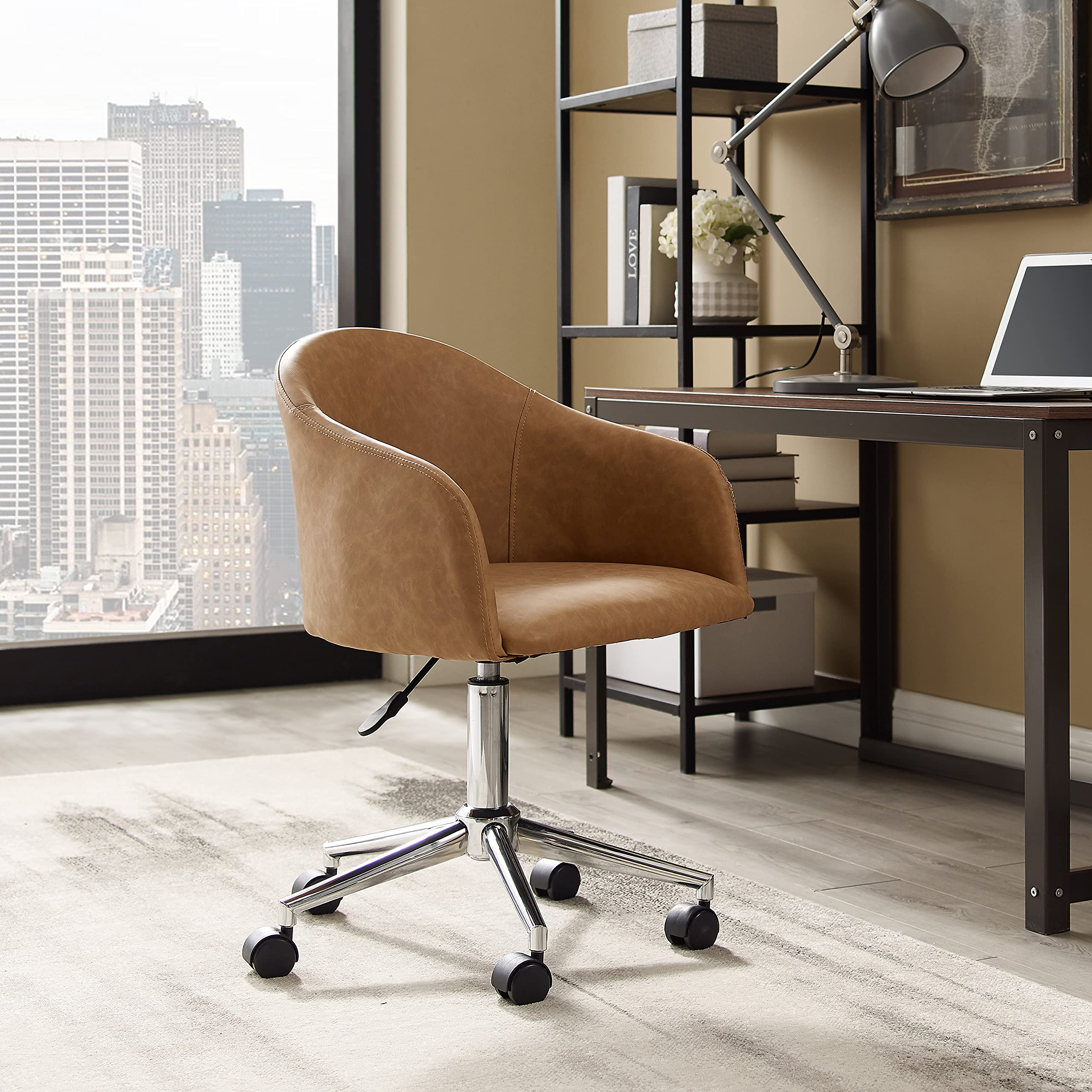Volans Office Home Chair, Modern PU Leather Height-Adjustable Swivel Computer Desk Chair with Wheels, Brown