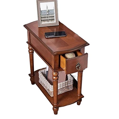 Sofa Side Table Couch Table Wood Side Table, Narrow End Table with Open Storage Shelf and Drawer, Retro Rectangle Coffee Table Storage Cabinet Night Stand for Living Room, Bed Side Table for Bedroom