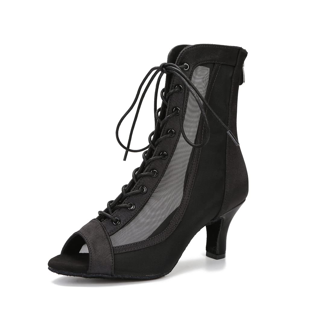 Women Ballroom Dance Boots Latin Salsa Dress Performance Practice Footwear 2.5inch Heels YT20(7.5, Black)