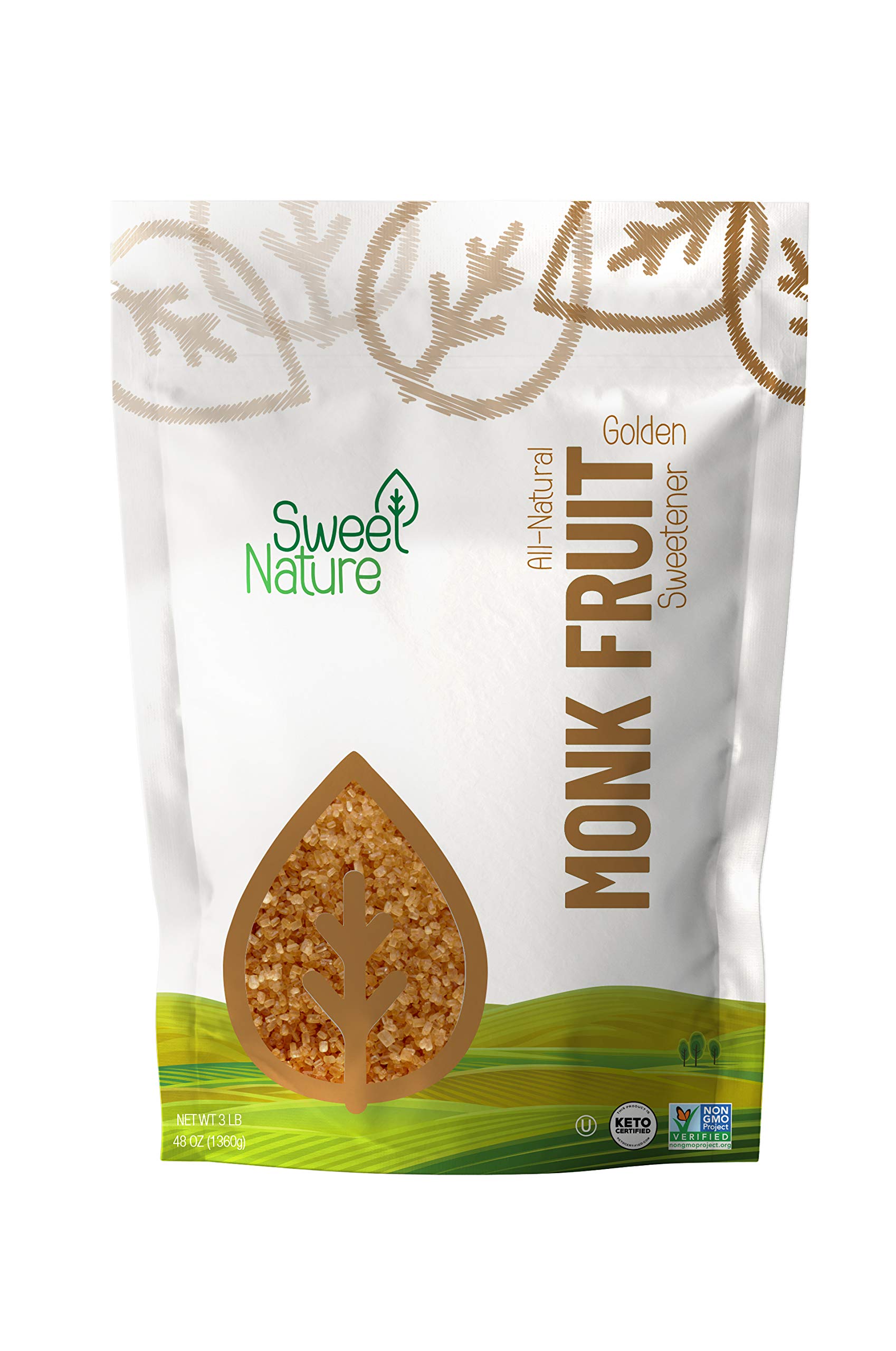 Sweet Nature Monk Fruit Golden Sweetener Non GMO Gluten Free Sugar Substitute Kosher 48 ounces (3 LB)