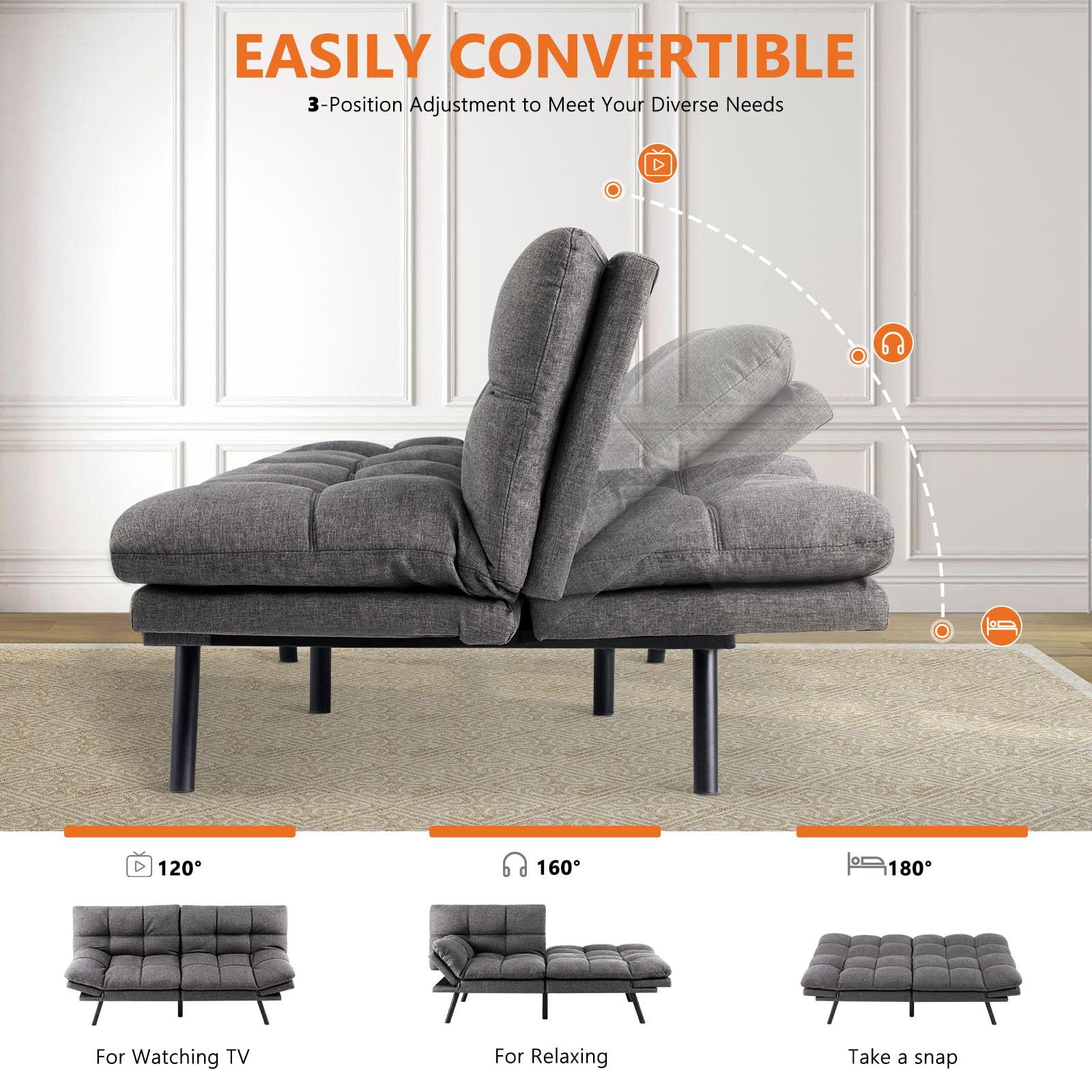 Sweetcrispy Futon Sofa Bed Sofá Cama para Sala Futon Couch Bed Sofas Sleeper, Modern Convertible Futon for Living Room, Small Loveseat for Apartment Office, Folding Adjustable Recliner