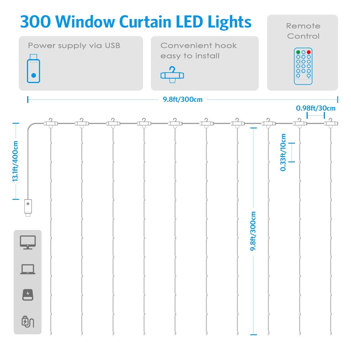 TDA Curtain String Light, 300 LED USB Powered Window Curtain String Light Outdoor Indoor Decorative for Christmas, Holiday, Party, Wedding, Garden, Patio Decoration (Cool White)