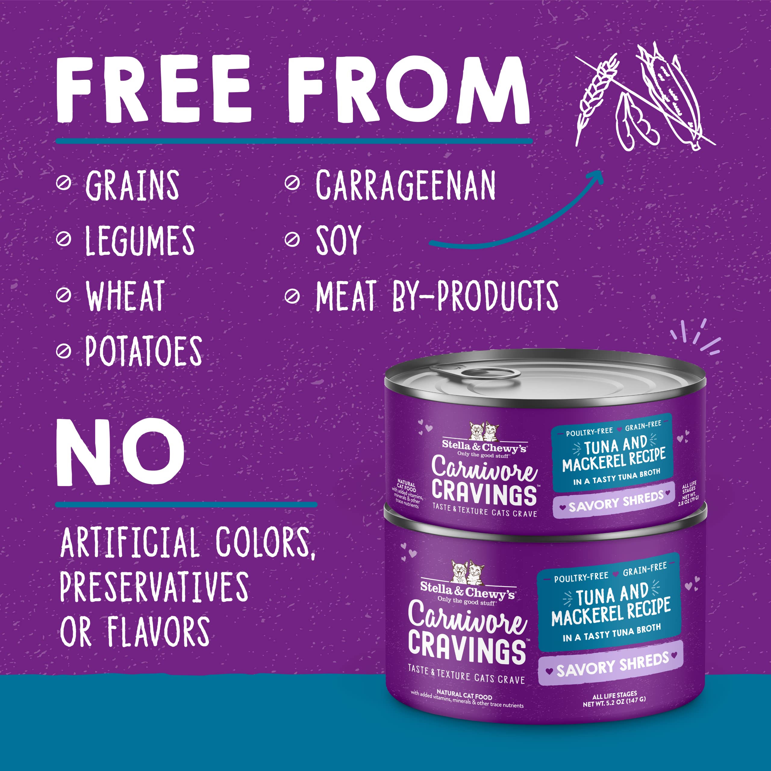 Stella & Chewy’s Carnivore Cravings Savory Shreds Cans – Grain Free, Protein Rich Wet Cat Food – Wild-Caught Tuna & Mackerel Recipe – (2.8 Ounce Cans, Case of 12)