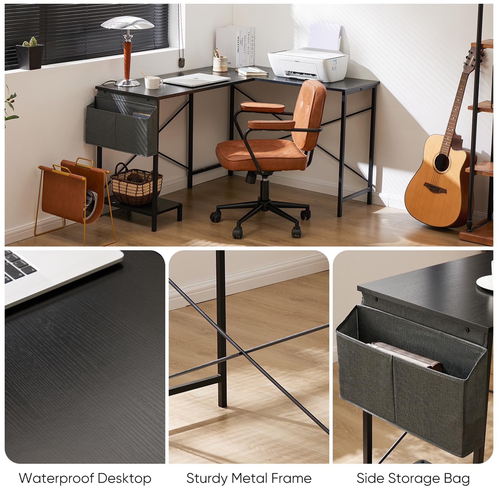Sweetcrispy L Shaped Computer Desk - Gaming Table Corner Desk 50 Inch PC Writing Black Desk Study Desks with Wooden Desktop CPU Stand Side Bag Reversible for Home Office Dorm Small Space