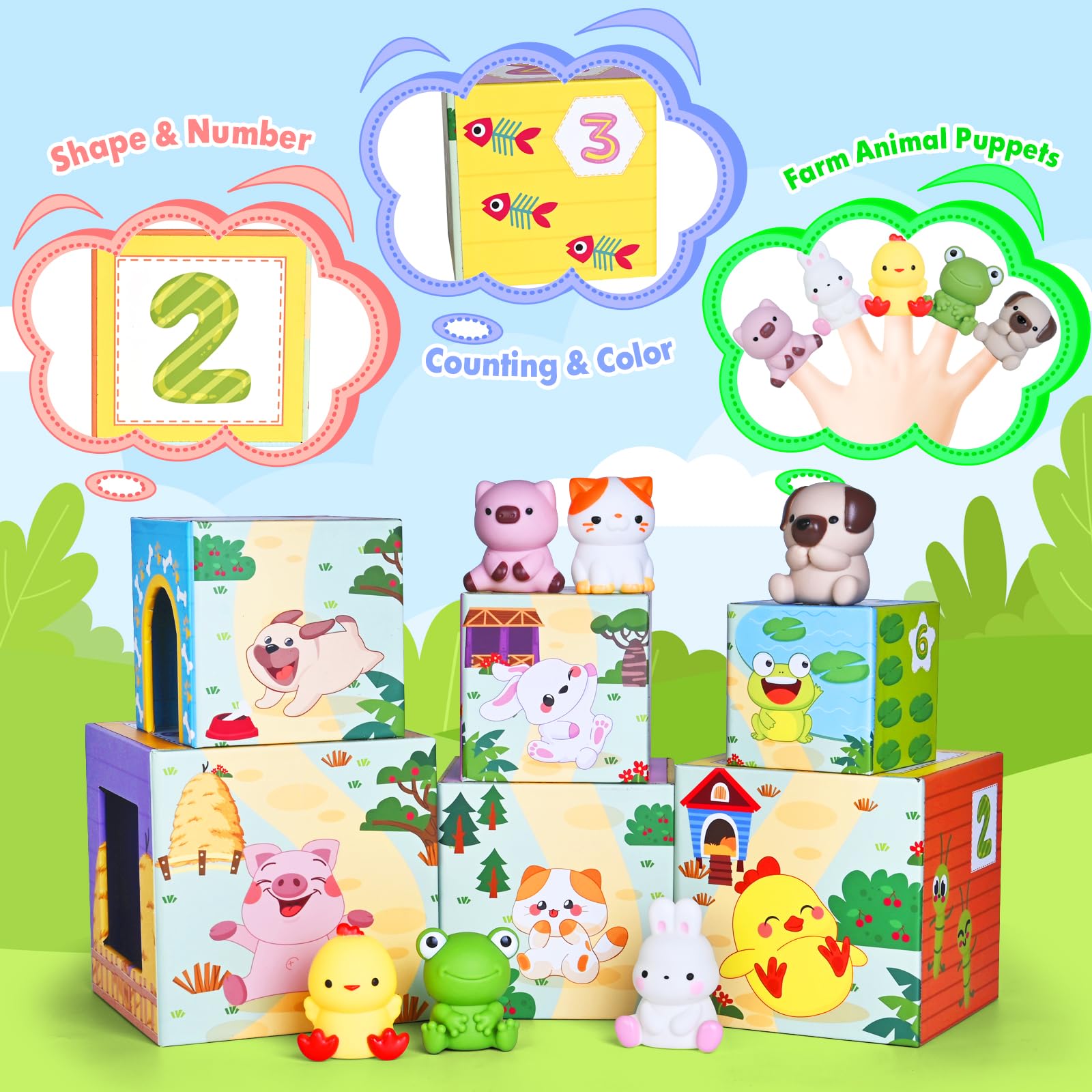 ShyLizard Toddler Farm Animal Sorting and Stacking Toys, Nesting Boxes and Blocks With Finger Puppets - Gifts for 1-3 Year Olds