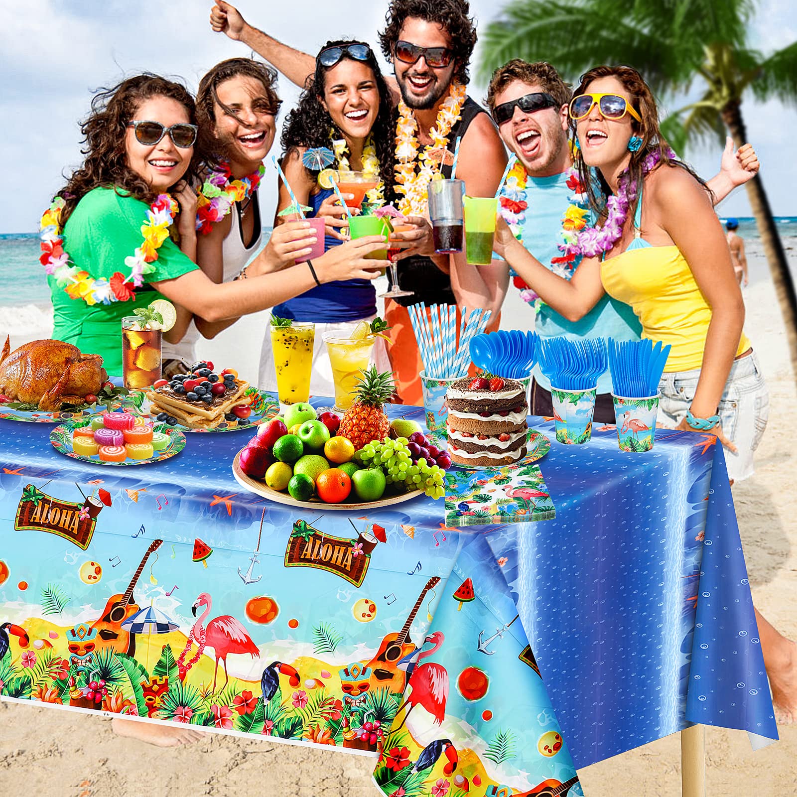 SelfTek Hawaiian Tropical Luau Party Decorations Supplies, 133 Pcs Aloha Birthday Disposable Dinnerware Set (16 Guests) With Tablecloth, Plates Cups Napkins Fork Knives Spoon for Beach Party