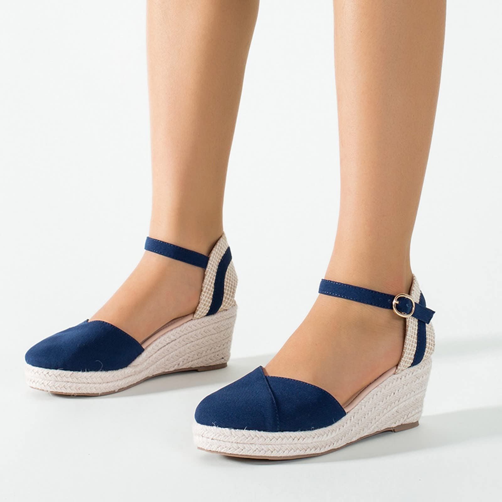 Women Sandals Summer New Pattern Linen Fashion Round Toe Thick Sole Wedge Comfortable Non Womens Lace up Sandals Size 11 (Blue, 6.5)