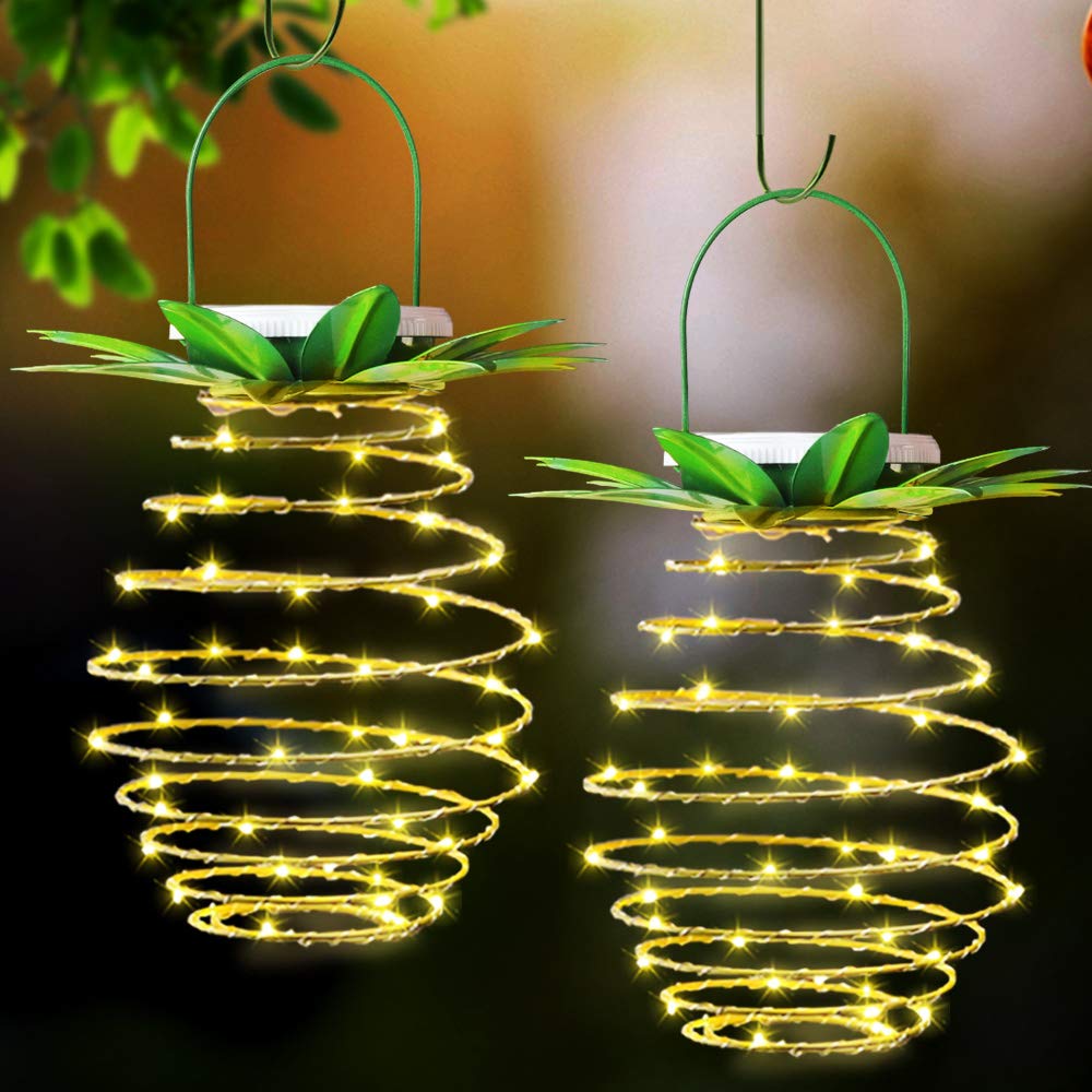 XTF2015 60LED Solar Pineapple Lantern, Waterproof Hanging Solar Lights for Patio, Garden, Pathway, Warm White (2 Pack)