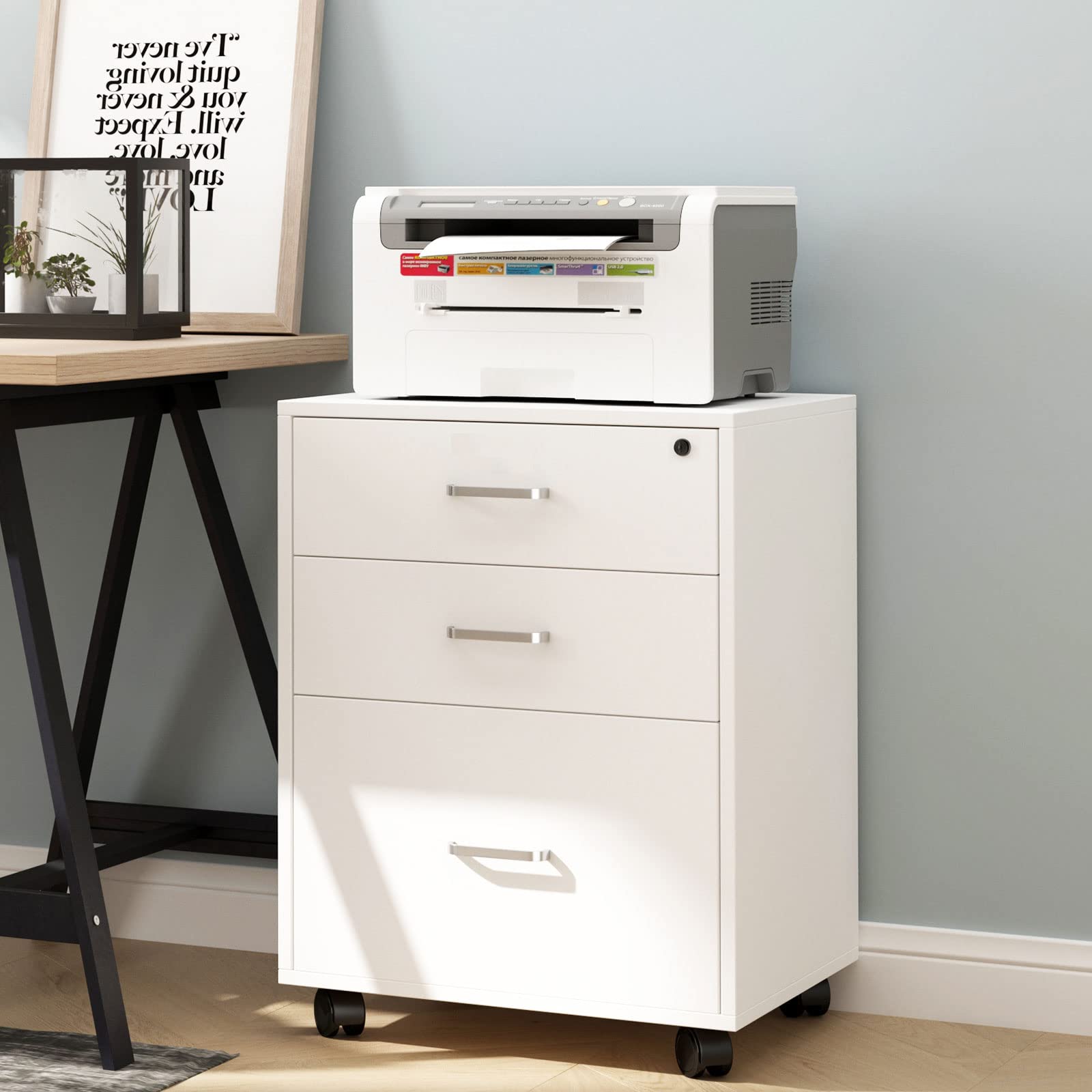 soges 3 Drawer Mobile File Cabinet, Rolling Filing Cabinet, Office Pedestal File Cabinet,Modern Under Desk Storage Cabinet 10CZSSFC04WT