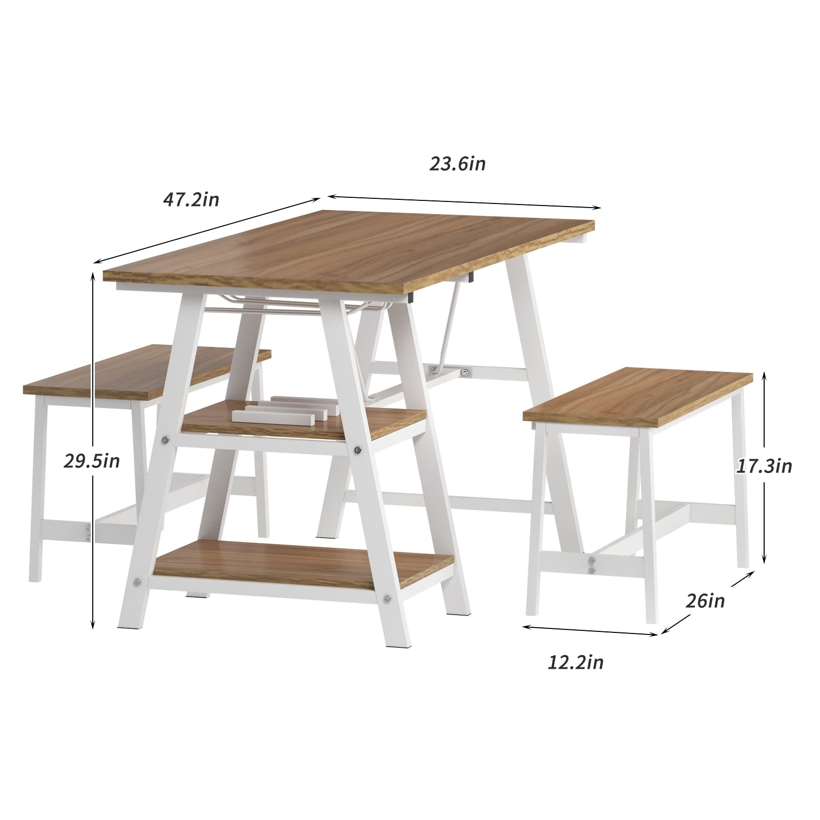 soges 3 Pieces Kitchen Dining Table Set for 4, Breakfast Table Set with 2 Benches, Wooden Dinette with Wine Shelf and Glass Holder, Oak 10CZWKDS03OK120