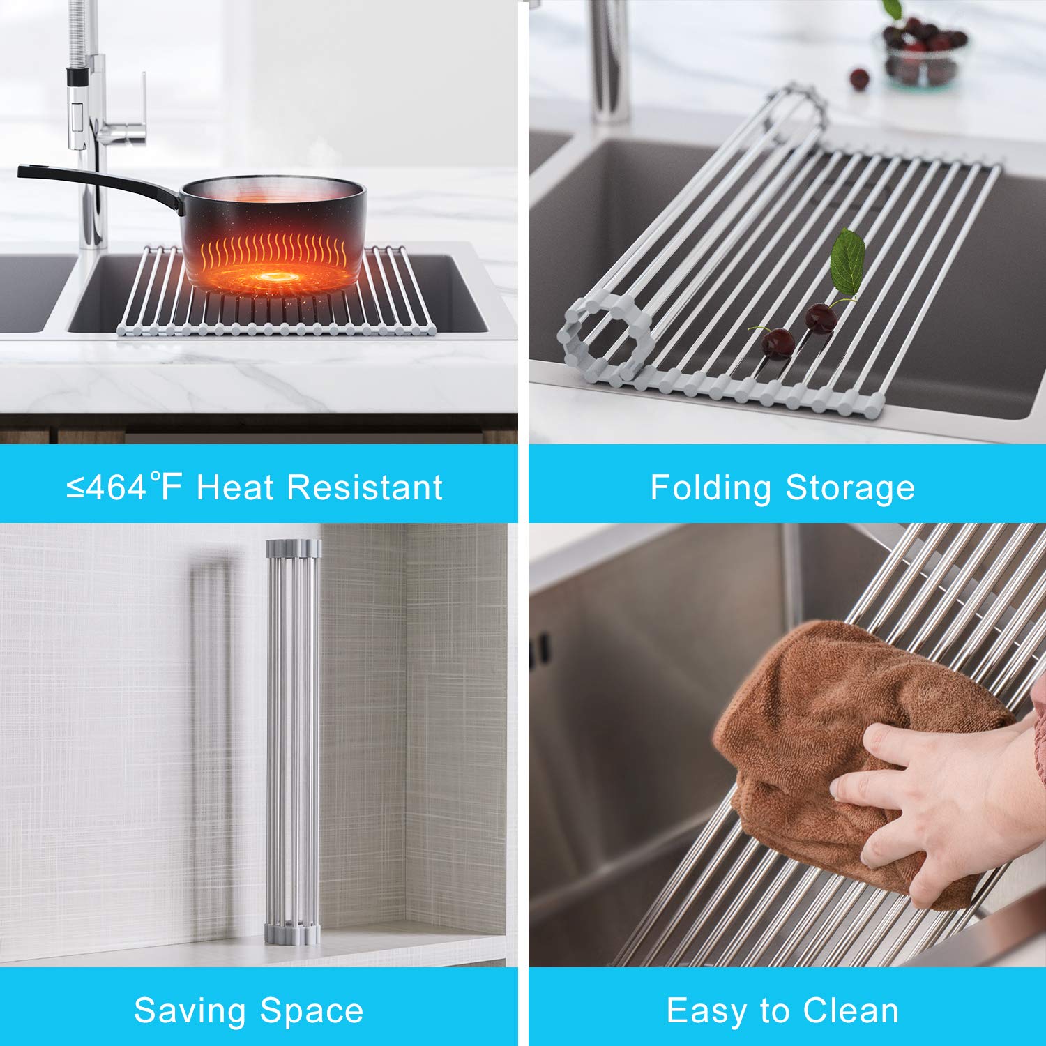 SunCleanse 17.8"×11.8" Roll-Up Dish Drying Rack, Over Sink Dish Drying Rack Drainer, Multi-Use Stainless Steel Foldable Dish Rack for Kitchen Sink Countertop, Grey