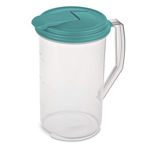 Sterilite 2 Qt Round Pitcher, Spout and Handle for Easy Pouring of Water or Juice, Plastic, Dishwasher Safe, Clear w/Teal Lid, 6-Pack