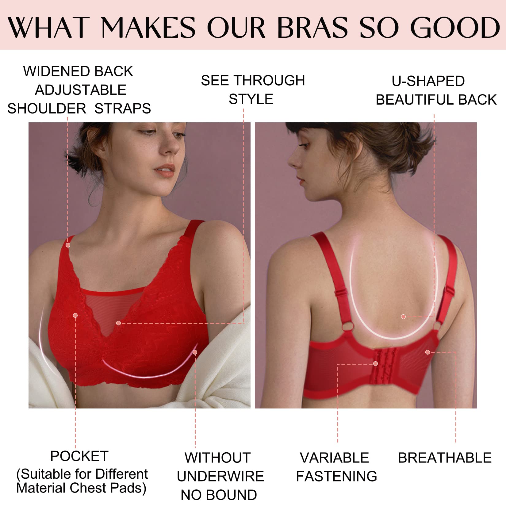 Vollence Mastectomy Bra with Pockets for Silicone Breast Forms Prosthesis Women Everyday Bra Red