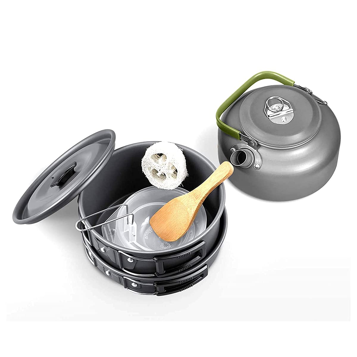 Swiftrans Aluminum Outdoor Camping Cookware Set, Folding Cookset Camping Teapot and Pans Set Equipment,Lightweight Pots, Pans with Mesh Set Bag for Backpacking, Hiking, Picnic