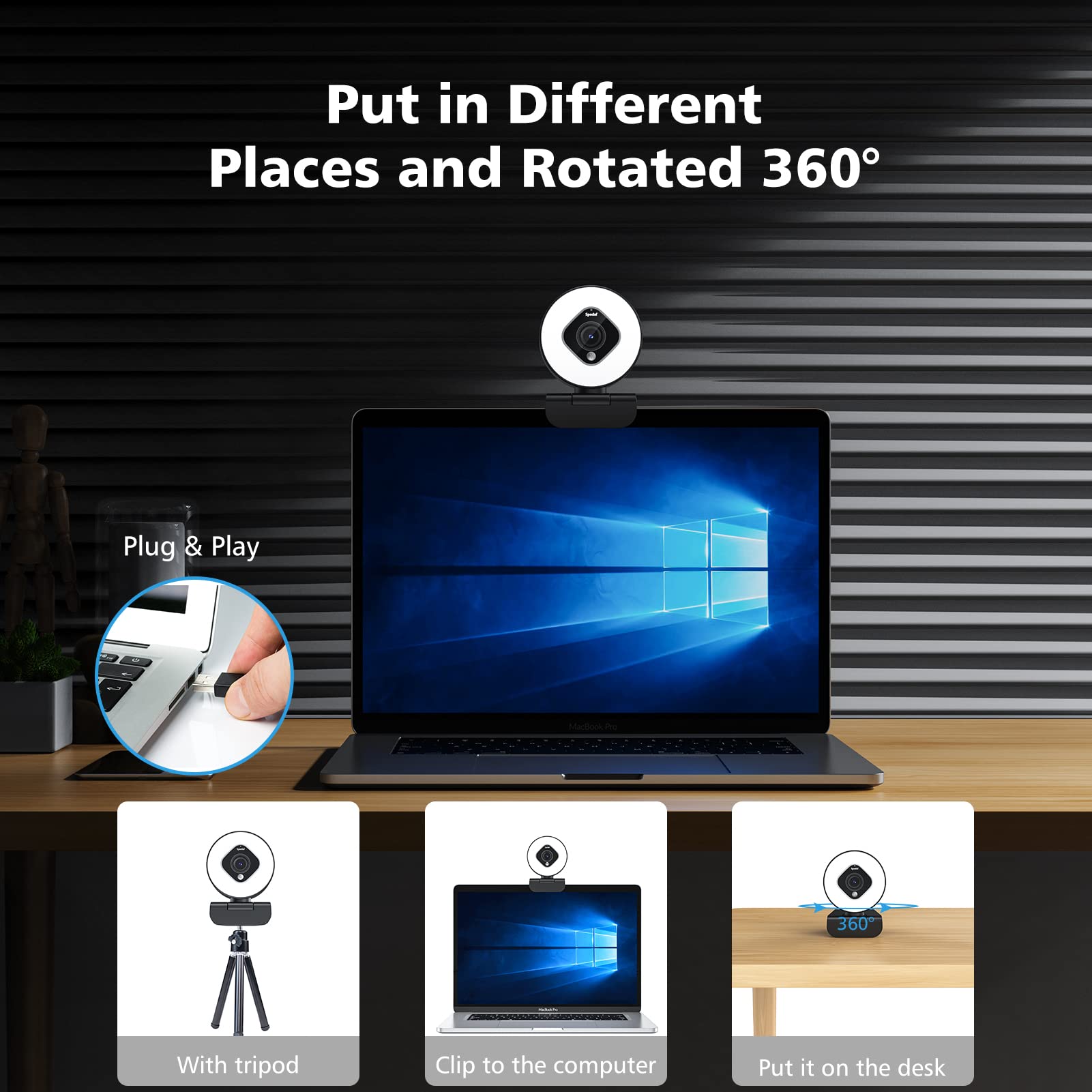 Spedal 1080P Webcam, Webcam with Microphone and Ring Light, HD Web Cam for Desktop PC Laptop, Web Camera with Tripod, Autofocus Streaming Camera for Gaming Online Learning Google Meet