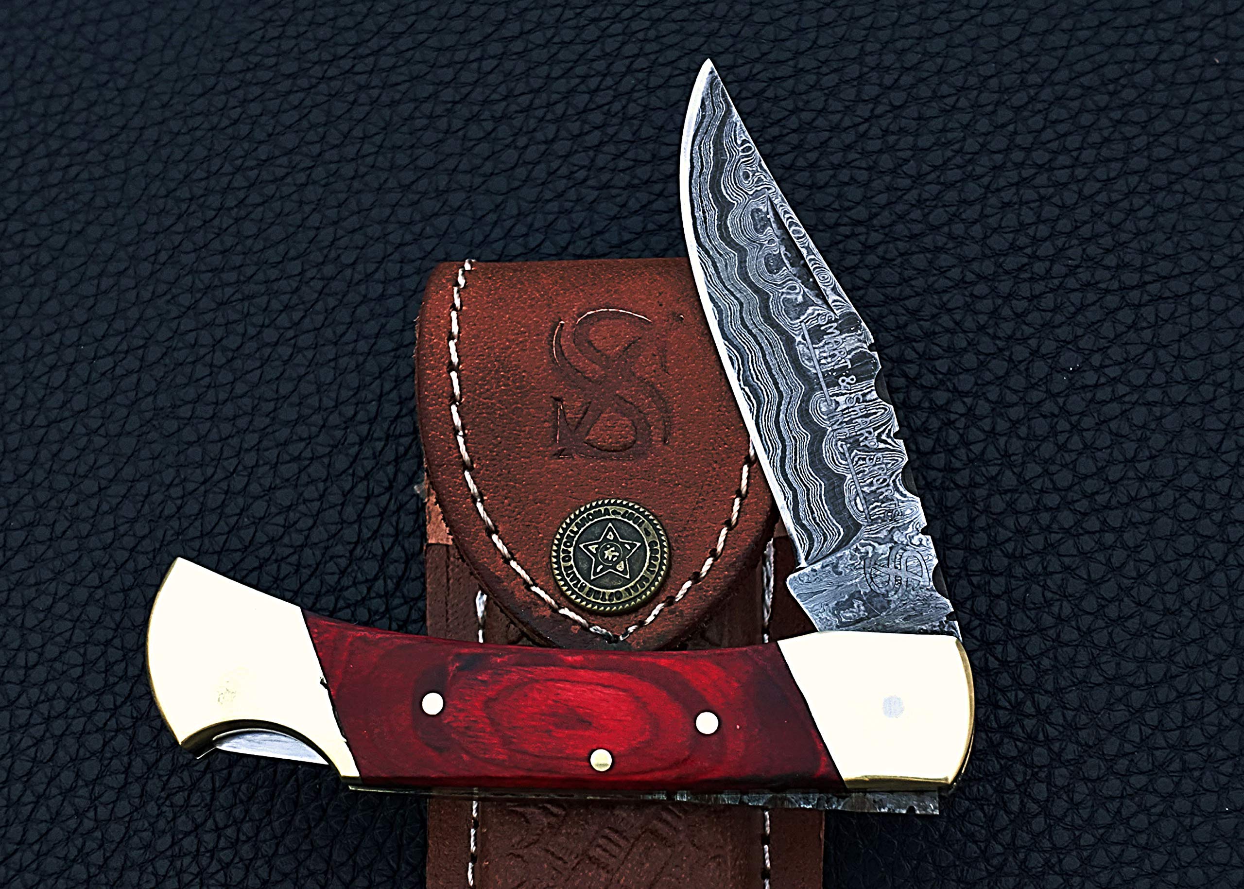 Smart & Sharp Custom Handmade Damascus Steel Folding Knife/Pocket Knife AR-17394 (Red Colored wood) (Red)