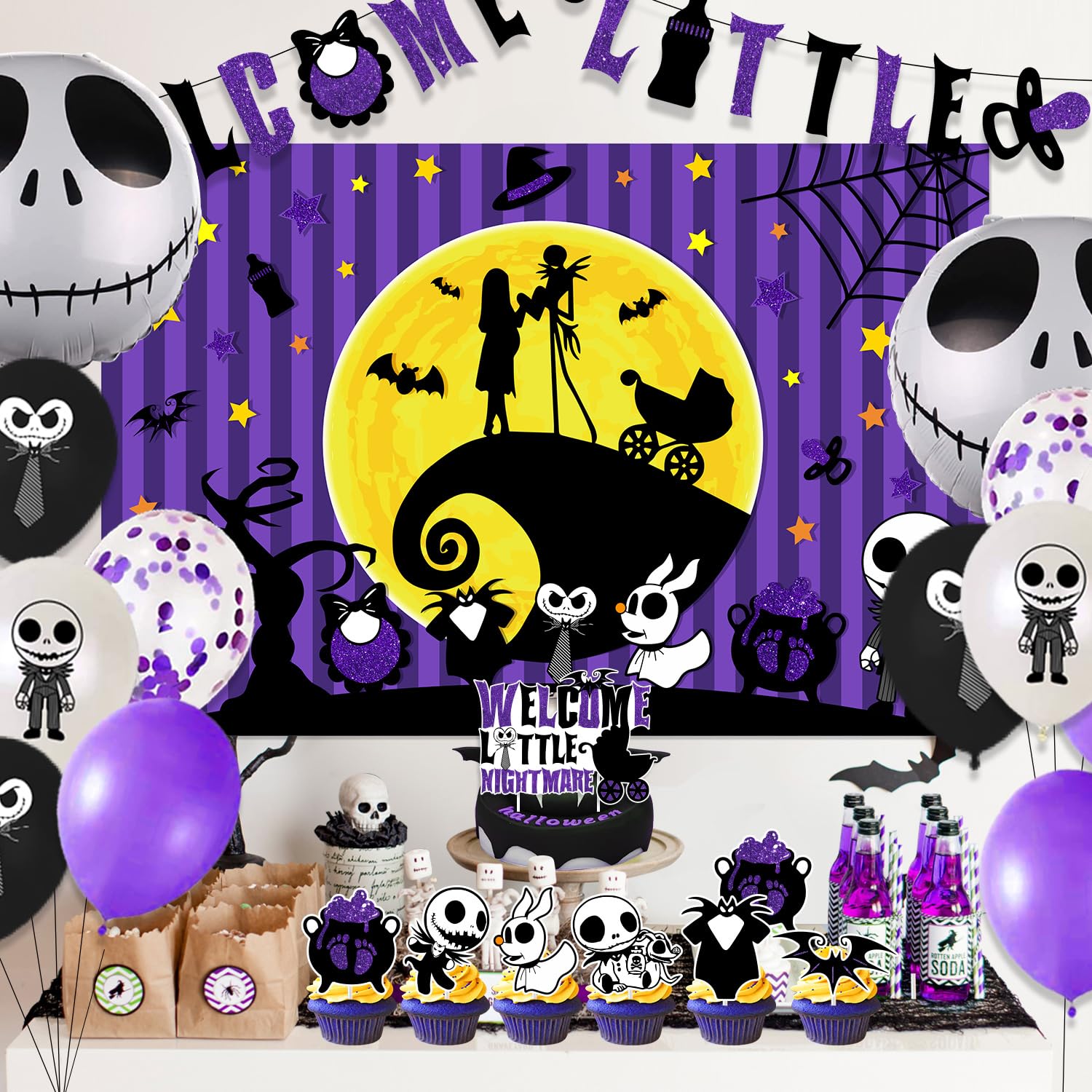 Welcome Little Nightmare Baby Shower Halloween Decorations,Nightmare Before Birthday Party Decorations Includes Banner,Backdrop,Balloons,Nightmare Cake Topper and Cupcake Toppers