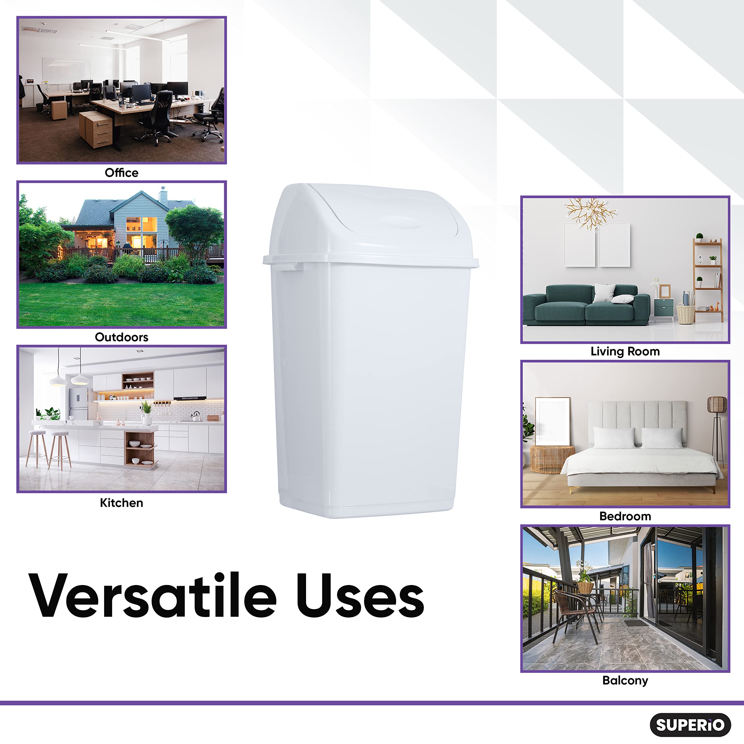 Superio Kitchen Trash Can 13 Gallon with Swing Lid, Plastic Tall Garbage Can Outdoor and Indoor, Large 52 Qt Recycle Bin and Waste Basket for Home, Office, Garage, Patio, Restaurant (White)