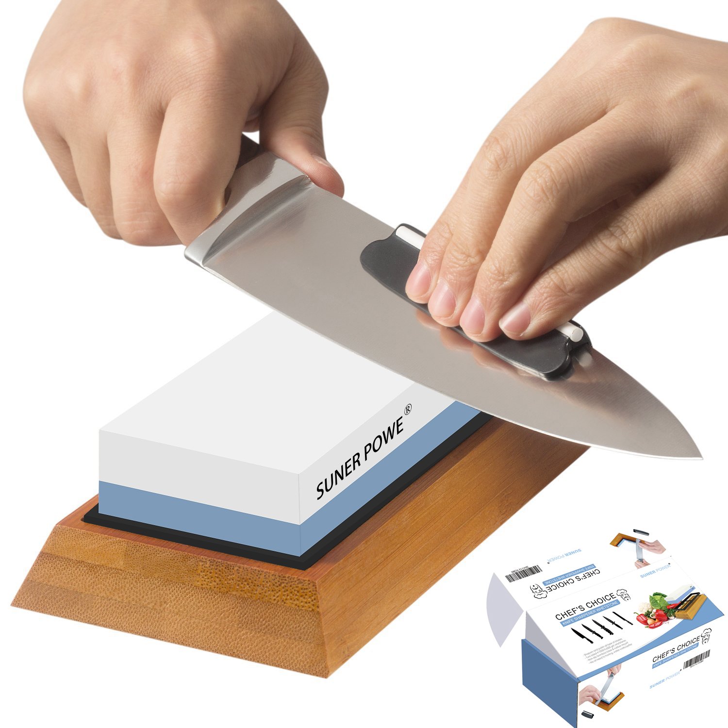 SUNER POWER Professional Dual 1000/6000 Japanese Grit Whetstone-Knife Sharpening Stone Kit Included Non-Slip Bamboo Base & Angle Guide-Perfe, large, White-Blue