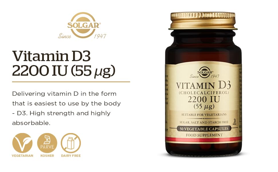 SOLGAR Vitamin D3 (Cholecalciferol) 55 mcg (2200 IU) - 50 Vegetable Capsules - Non-GMO, Gluten Free, Dairy Free, Kosher - 50 Servings