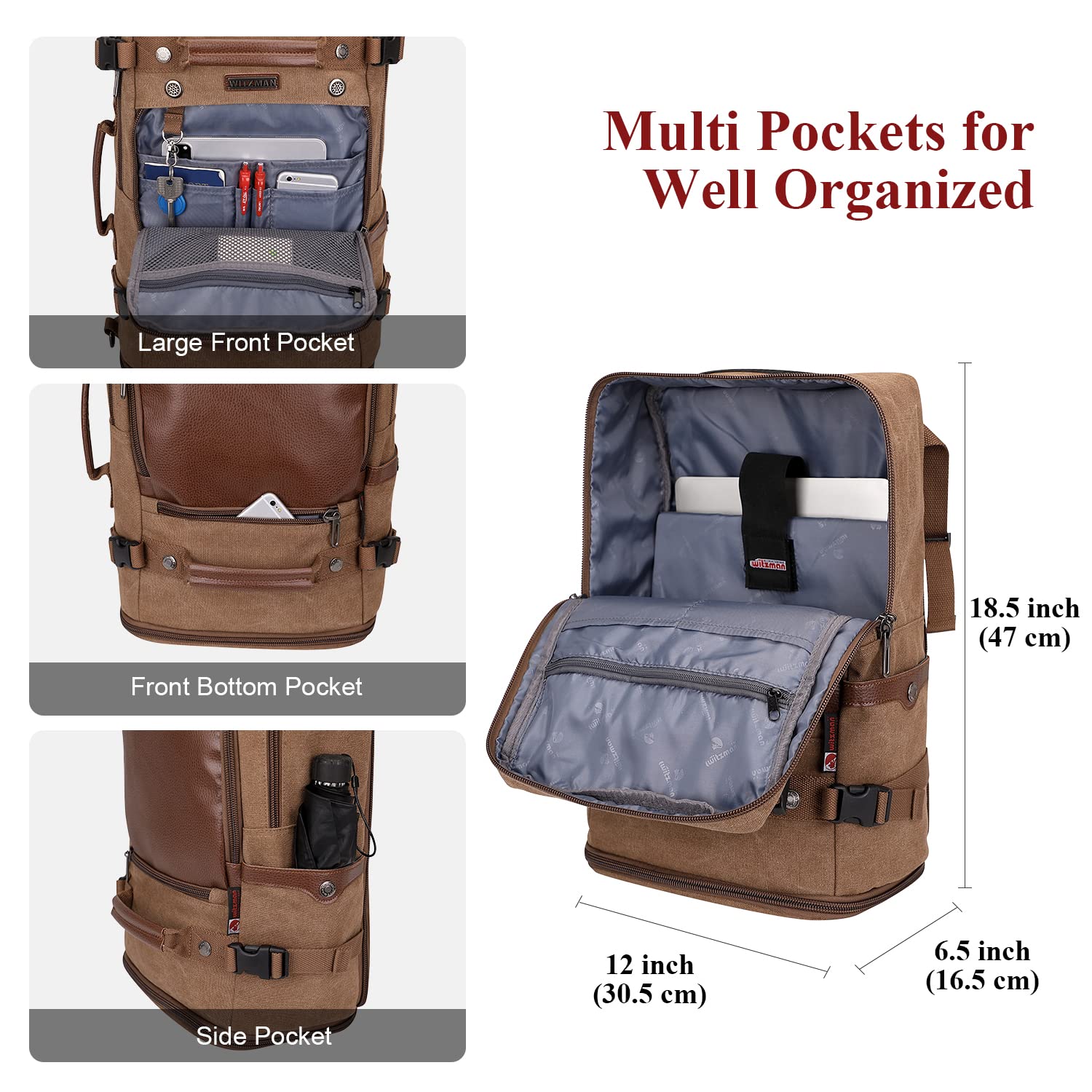 WITZMAN Travel Backpack for Men Women Carry on Luggage Backpack Canvas Rucksack Duffel bag with Shoe Compartment(A2020BROWN)