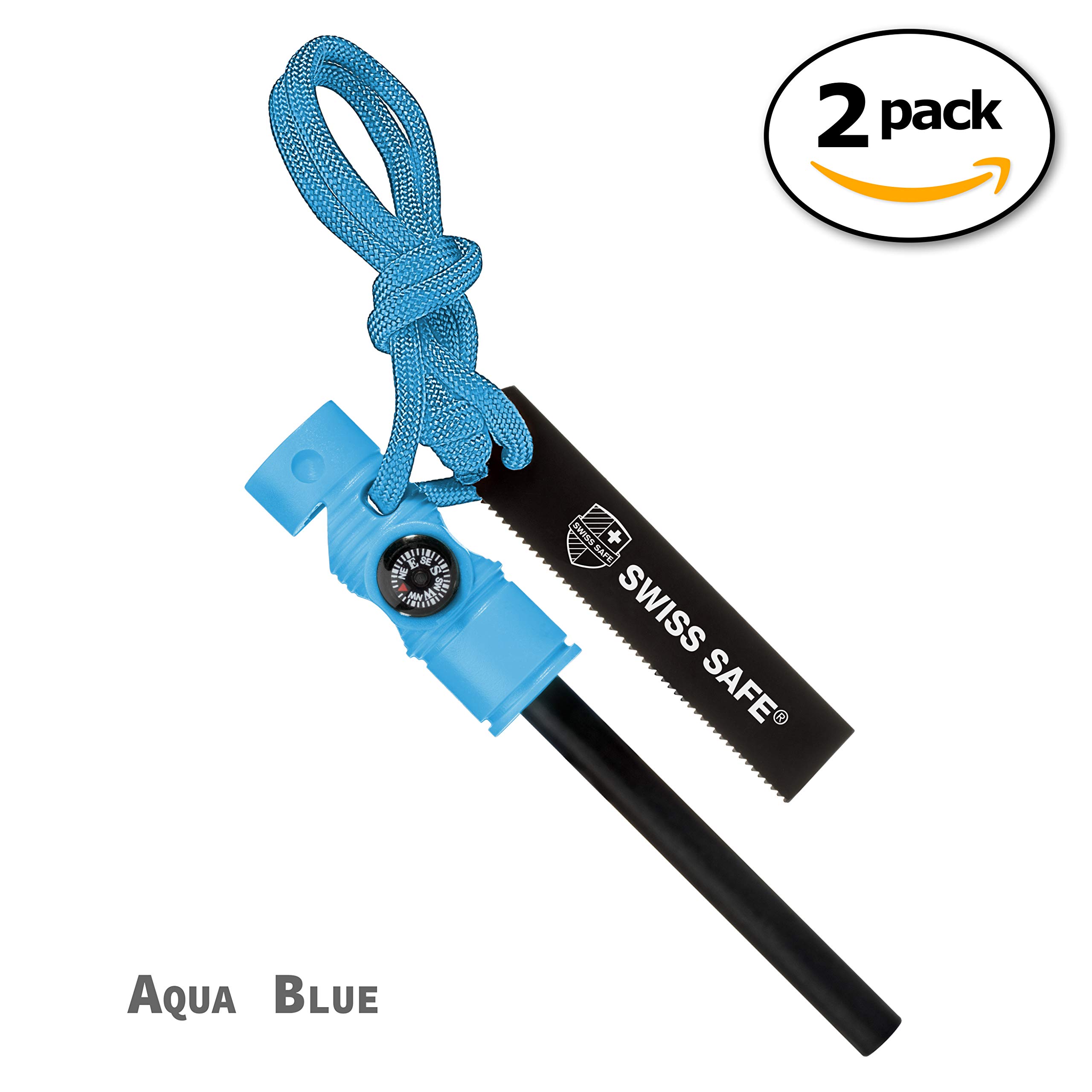 Swiss Safe 5-in-1 Magnesium Ferro Rod Fire Starter Survival Tool - Flint & Steel Striker, Compass, Paracord & Whistle - Emergency Kit for Backpacking, Camping, Hiking - All-Weather - Jungle, 2-Pack