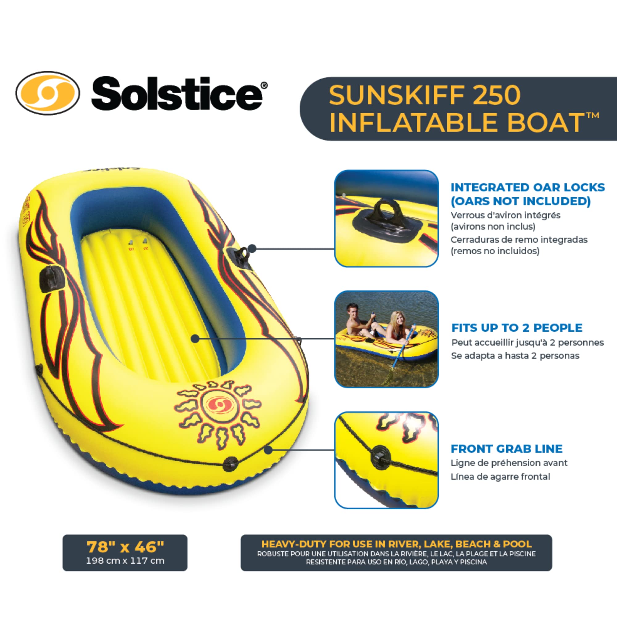 Solstice Inflatable Boat Rafts 2 Person for Adults & Kids Comes W/ Pole Oar Holders Cushioned Comfortable Base Grab Line 6 Ft Size Sunskiff Kits Dinghy Air Floor Yellow