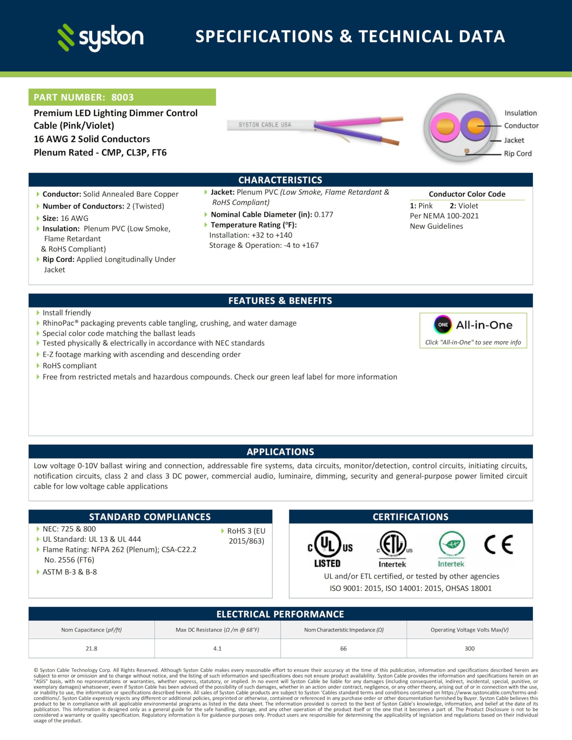 Syston Cable Technology 16/2 LED Lighting Dimmer Dimming Luminaire Control Wire Cable,16 AWG 2 Conductors Solid Bare Copper Unshielded Plenum Rated CMP CL3P FT6, for Ballast Wiring and Connection