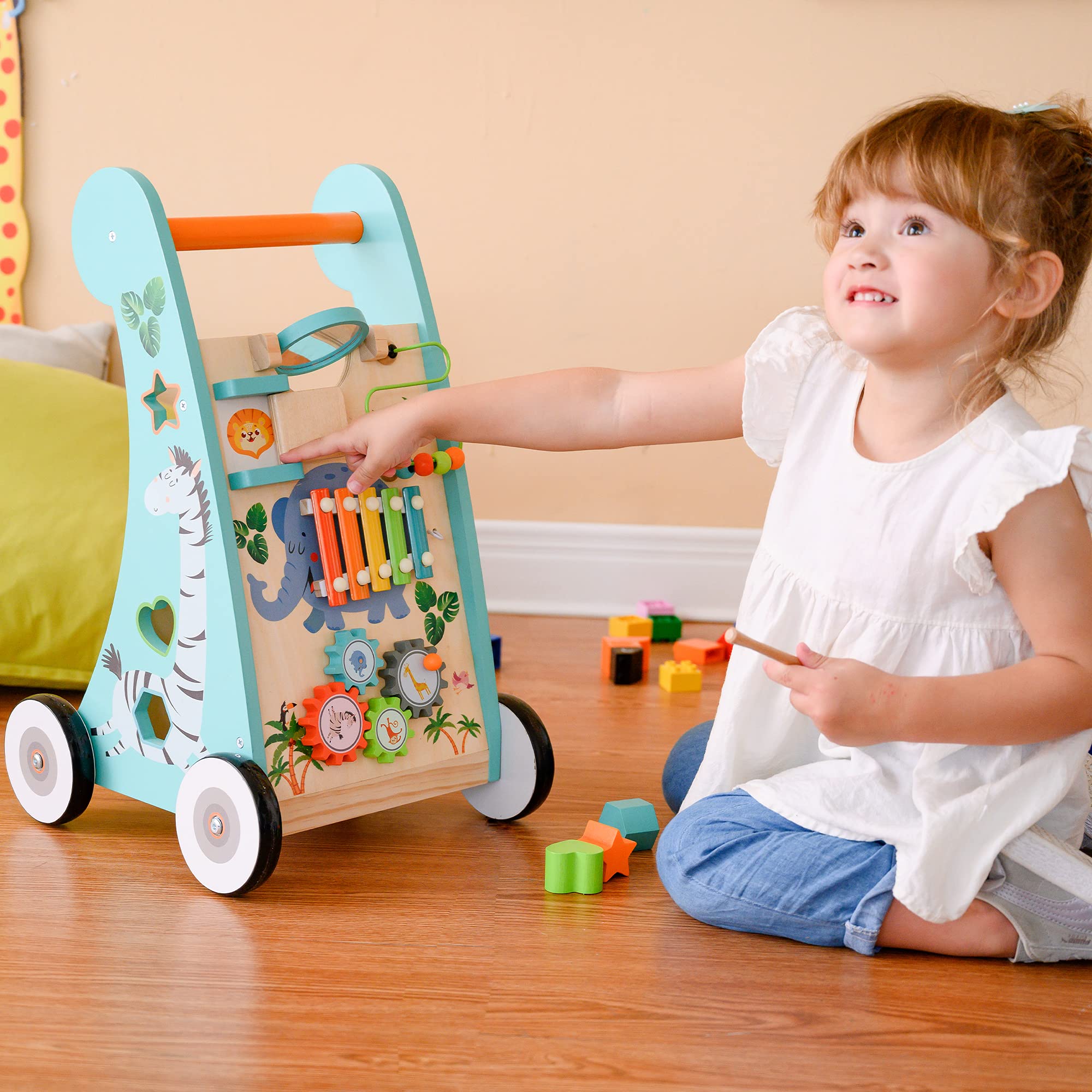 Teamson Kids Preschool Play Lab Wooden Baby Walker and Activity Station, Natural/Blue