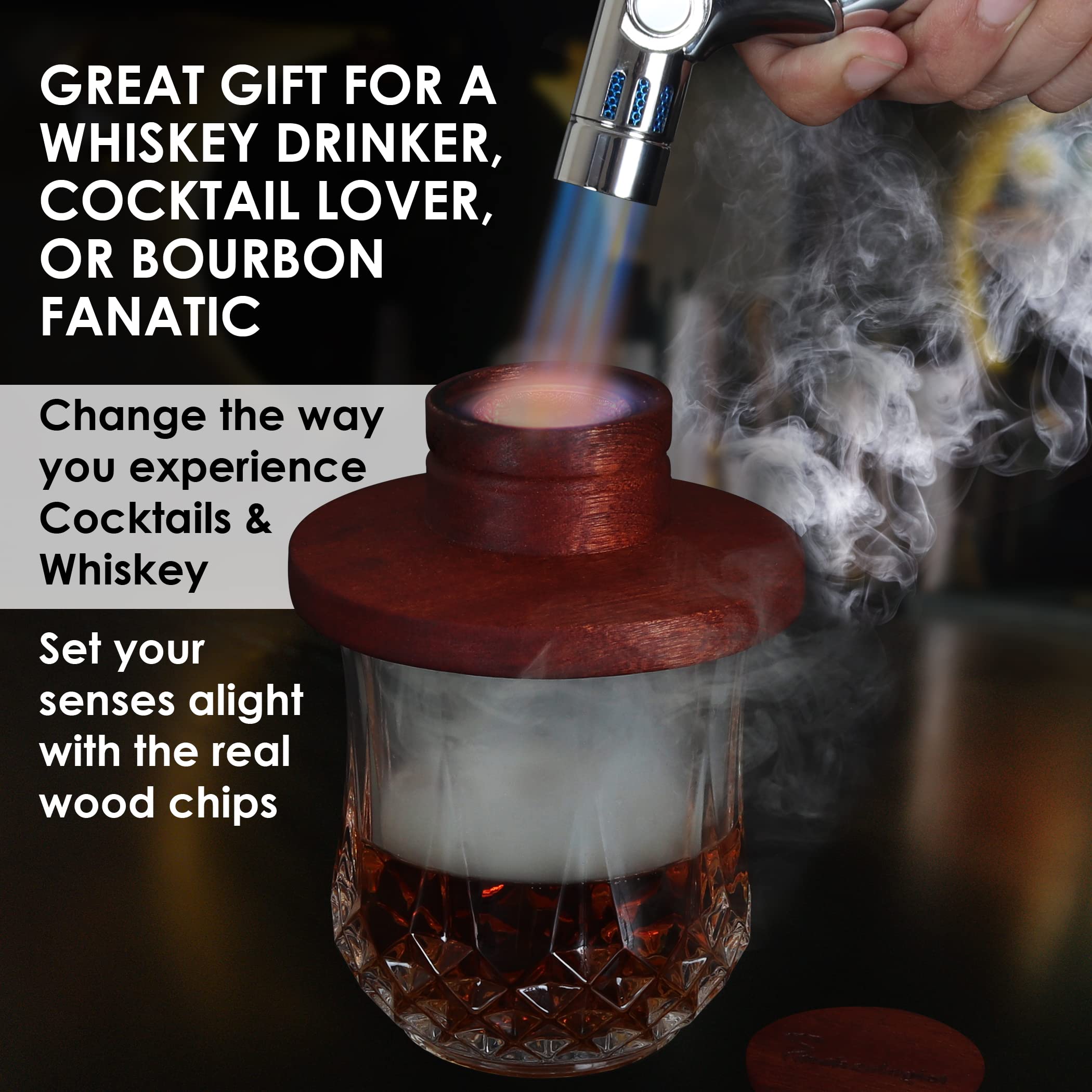 SMOKEOLOGIST Whiskey, Cocktail, and Old Fashioned Smoker Kit with Torch β Includes 8 Unique Natural Wood Flavors, Luxury Wooden Box Gift Packaging, Premium Butane Torch (Butane Fuel not Included)