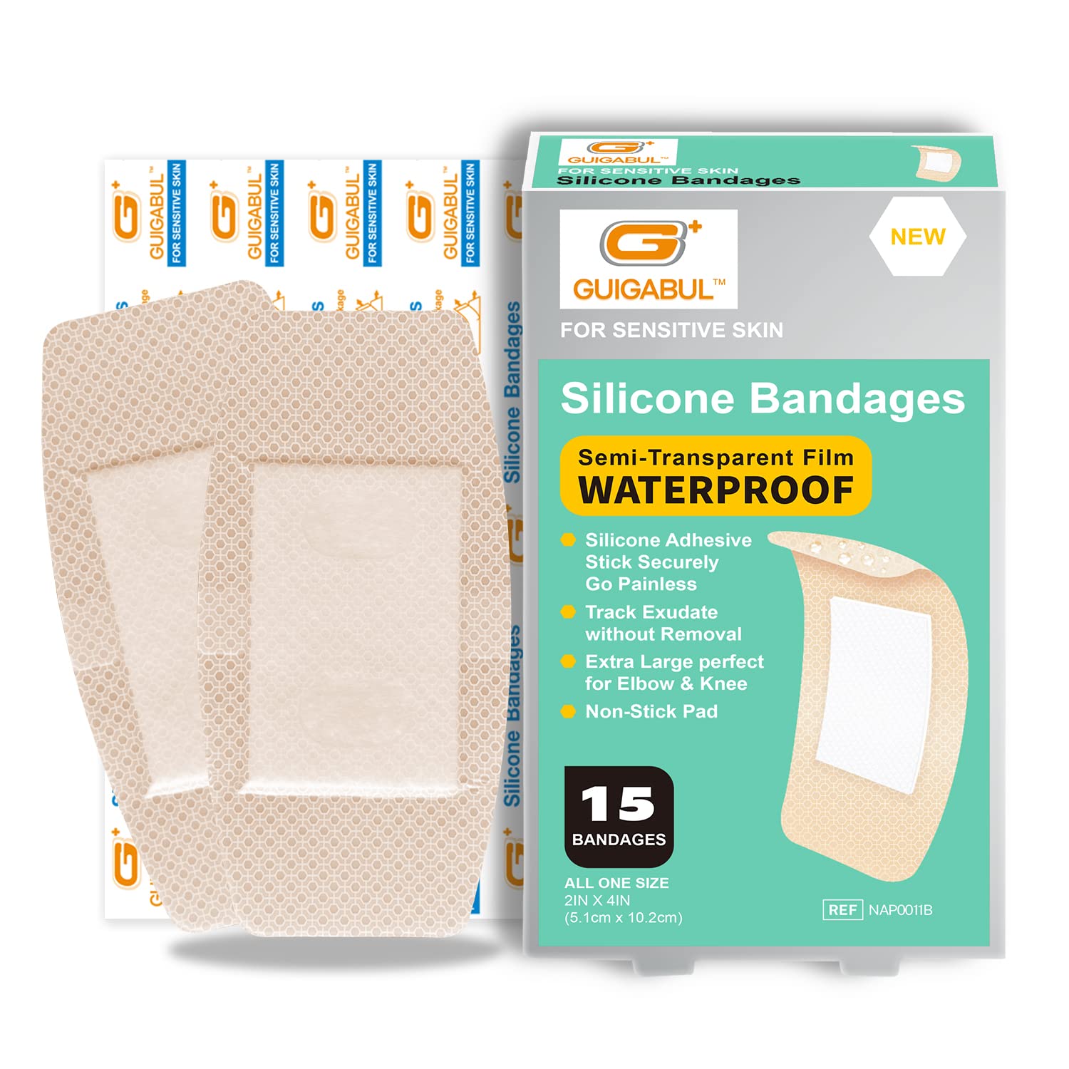Silicone Adhesive Bandages for Elderly Sensitive Skin - Painless Removal 2''x4'' Extra Large 15 Counts Waterproof and 15 Counts Flexible Fabric Bandages by G+ GUIGABUL - Hypoallergenic - Latex Free