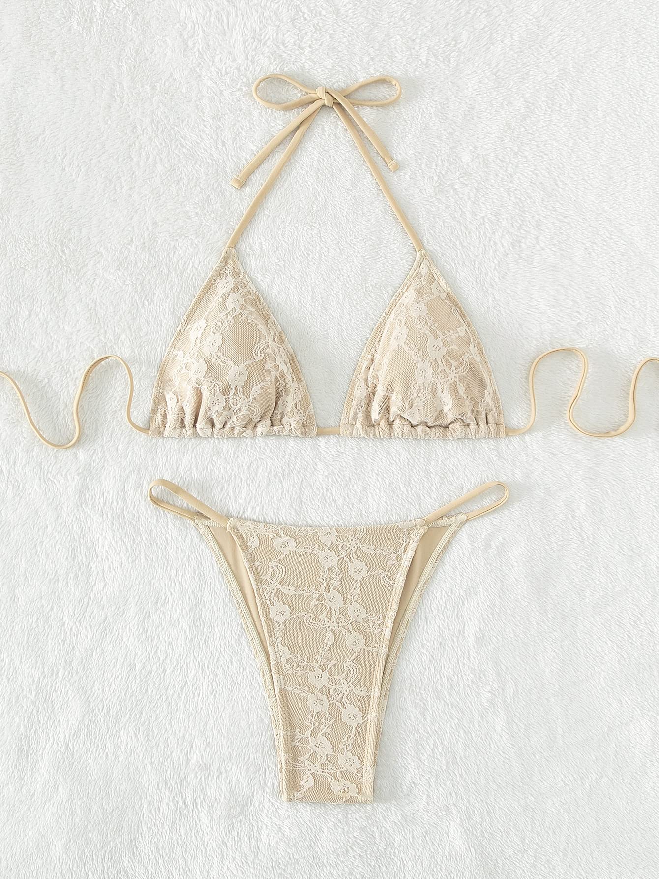 SOLY HUX Women's Sexy Lace Halter Triangle Bikini Set 2 Piece Swimsuit Bathing Suits Plain Apricot XS