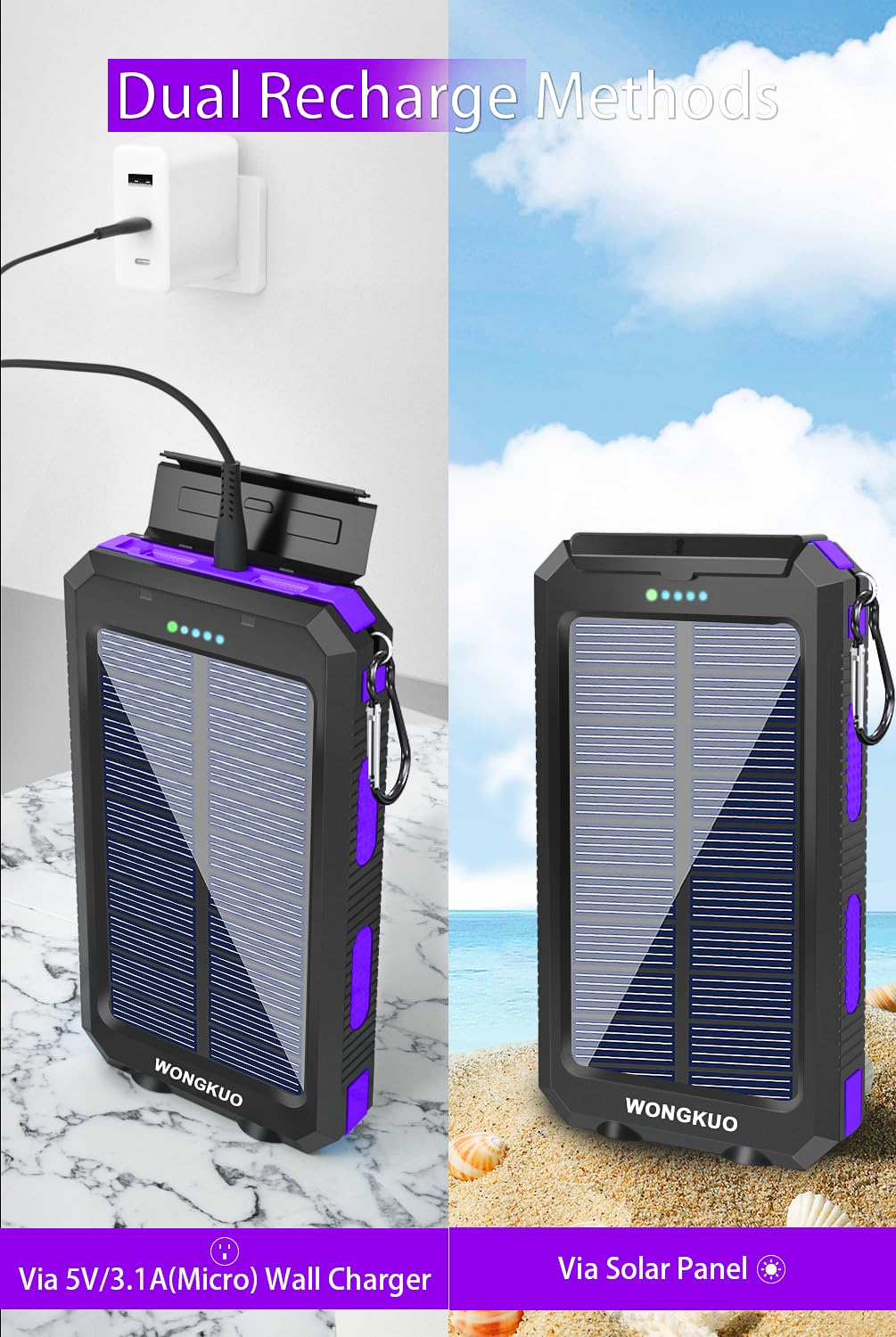 WONGKUO Solar Charger Power Bank - ๐ฎ๐ฌ๐ฎ๐ฐ ๐๐ฅ๐๐ง๐๐๐ 36,800mAh Portable Solar Phone Charger, QC3.0 Fast Charger with LED Flashlight, IP65 Waterproof Power Bank Perfect for Outdoor Camping Hiking